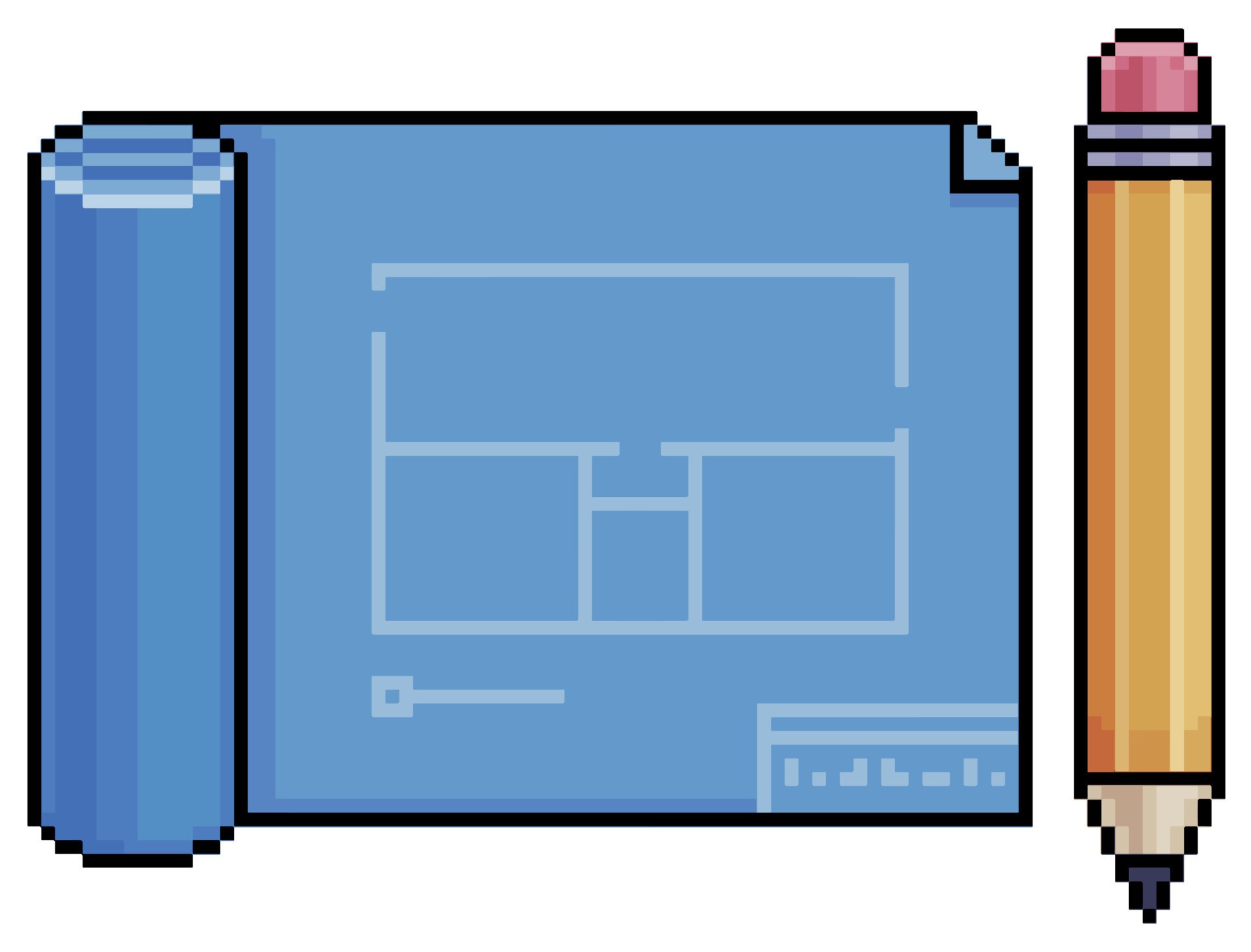 Pixel Art Paper With Architectural Design And Pencil Vector Icon For 8bit Game On White
