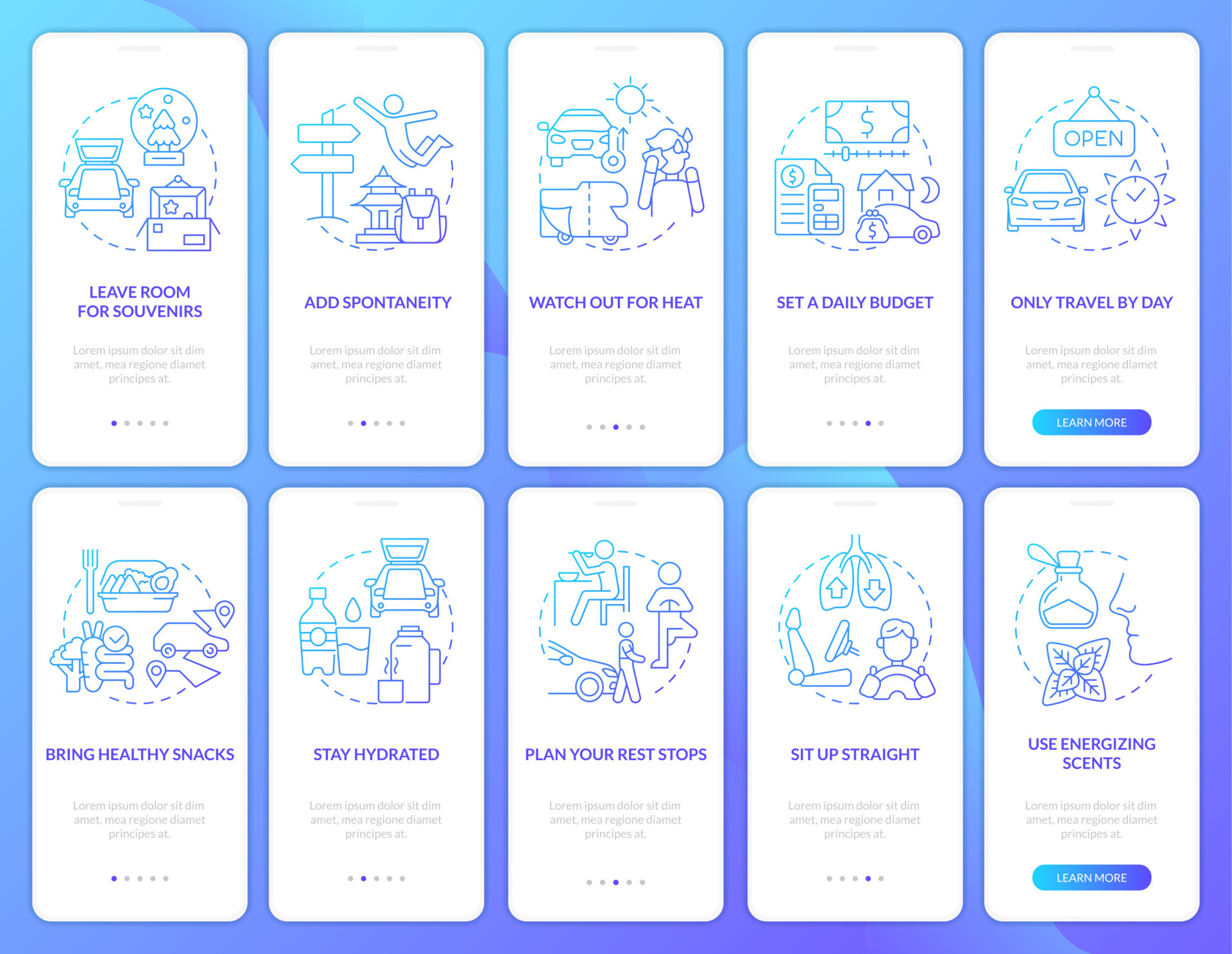 Comfortable Road Trip Blue Gradient Onboarding Mobile App Screen Set