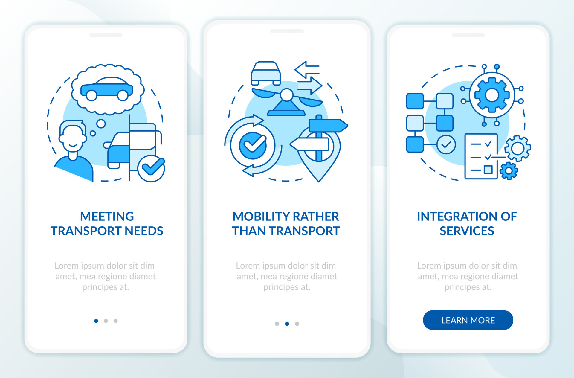 MaaS concept components blue onboarding mobile app screen. Transport walkthrough 3 steps ...