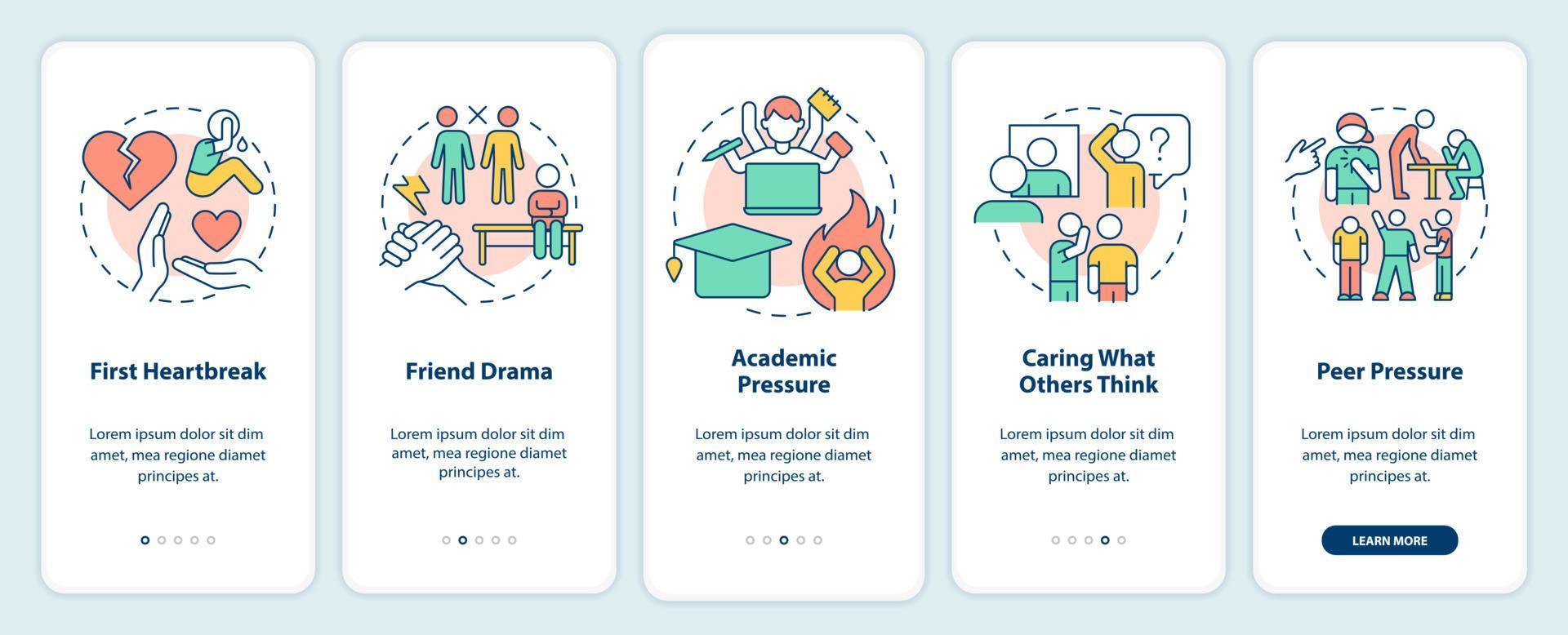 Teenage Issues Onboarding Mobile App Screen First Heartbreak Walkthrough 5 Steps Editable