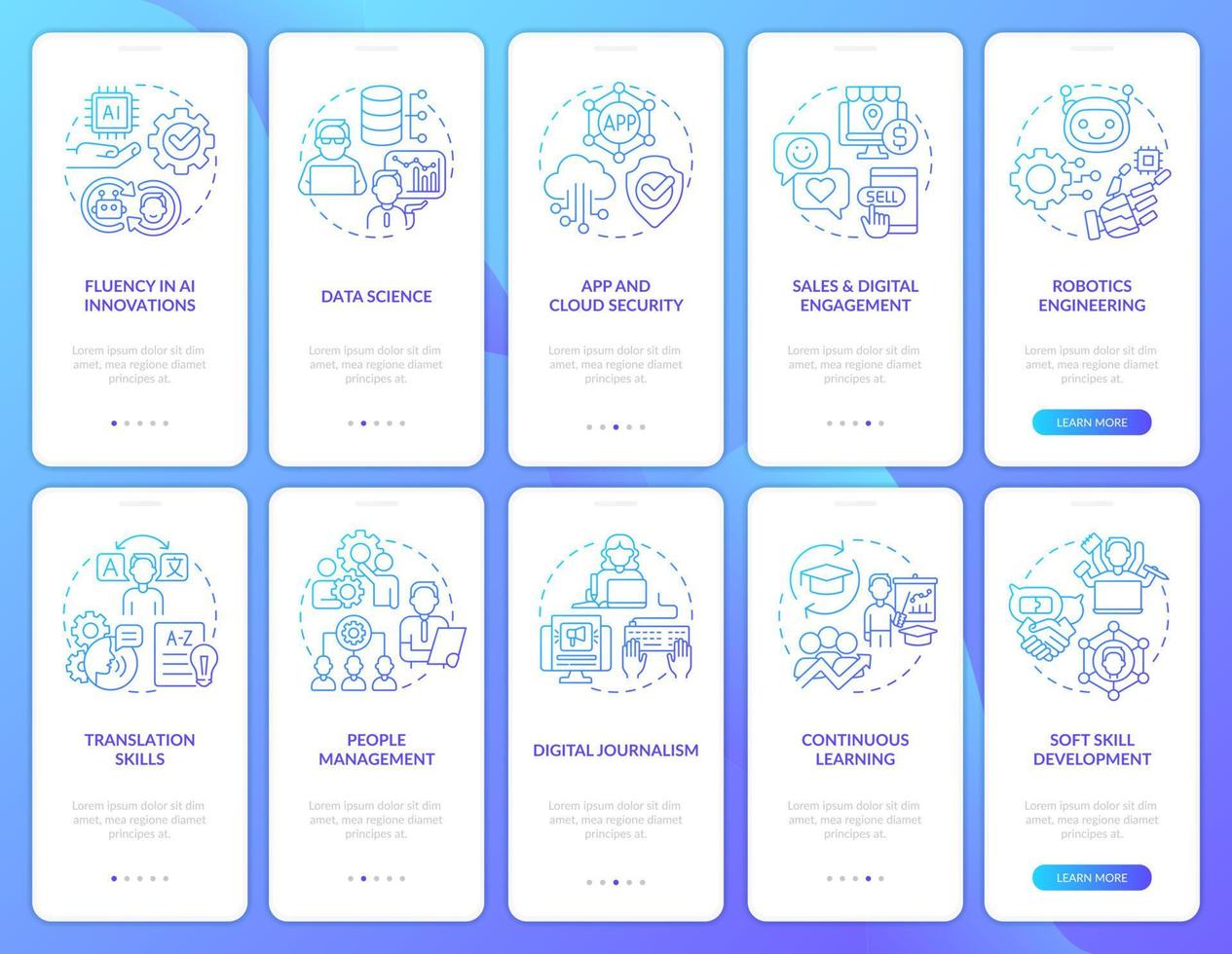 Maintaining Prof Skills Blue Gradient Onboarding Mobile App Screen Set Walkthrough 5 Steps