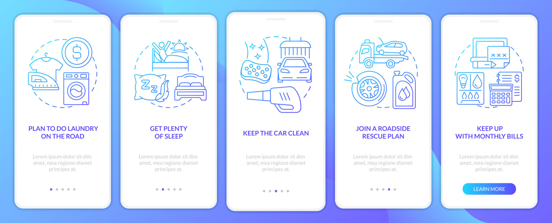 Road Trip Recommendations Blue Gradient Onboarding Mobile App Screen Walkthrough 5 Steps