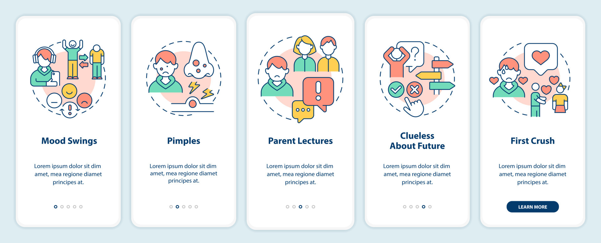Teenage Problems Onboarding Mobile App Screen Mood Swings Pimples Walkthrough 5 Steps Editable