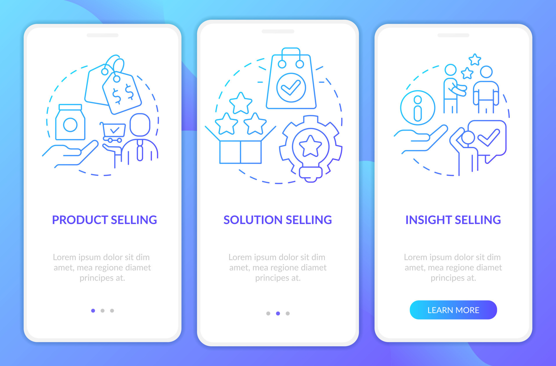 Selling Techniques Blue Gradient Onboarding Mobile App Screen Sales Methods Walkthrough 3 Steps