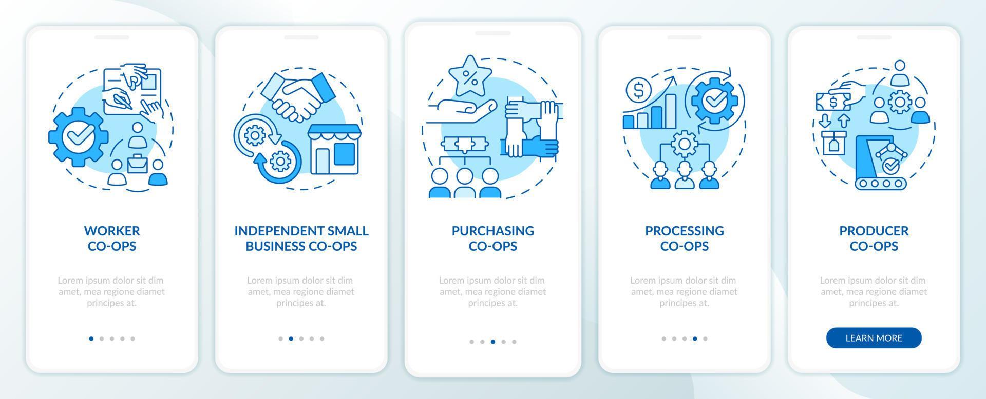 Types Of Co Ops Blue Onboarding Mobile App Screen Business Corporations Walkthrough 5 Steps
