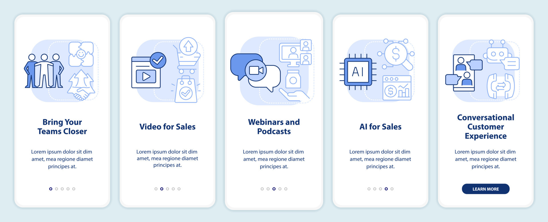 Sales Trends Light Blue Onboarding Mobile App Screen Marketing Walkthrough 5 Steps Editable
