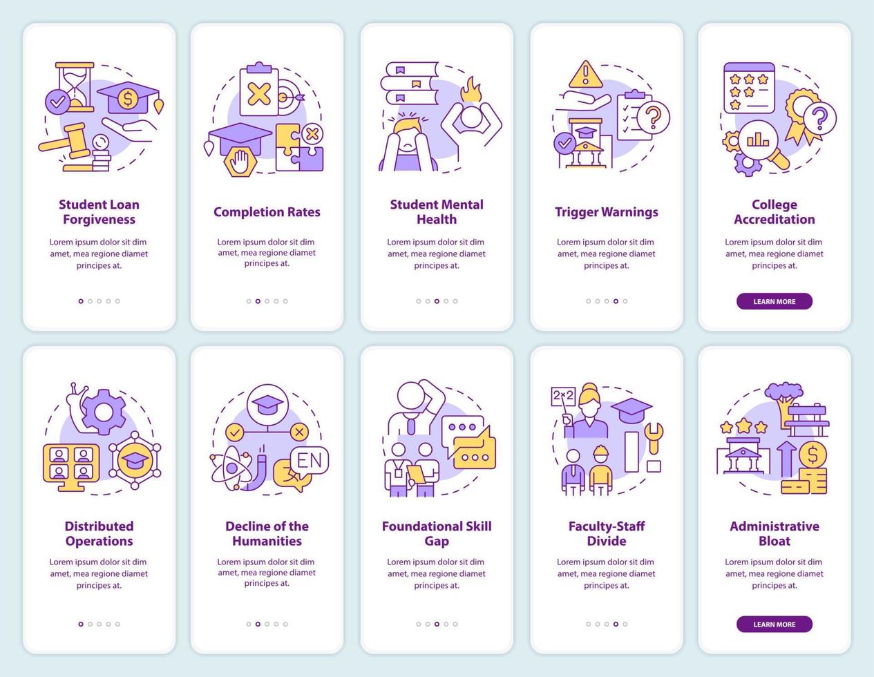 University And College Problems Onboarding Mobile App Screen Set