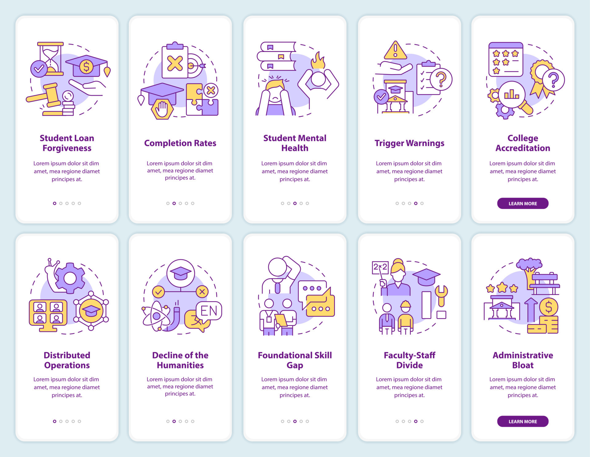 University And College Problems Onboarding Mobile App Screen Set Walkthrough 5 Steps Editable