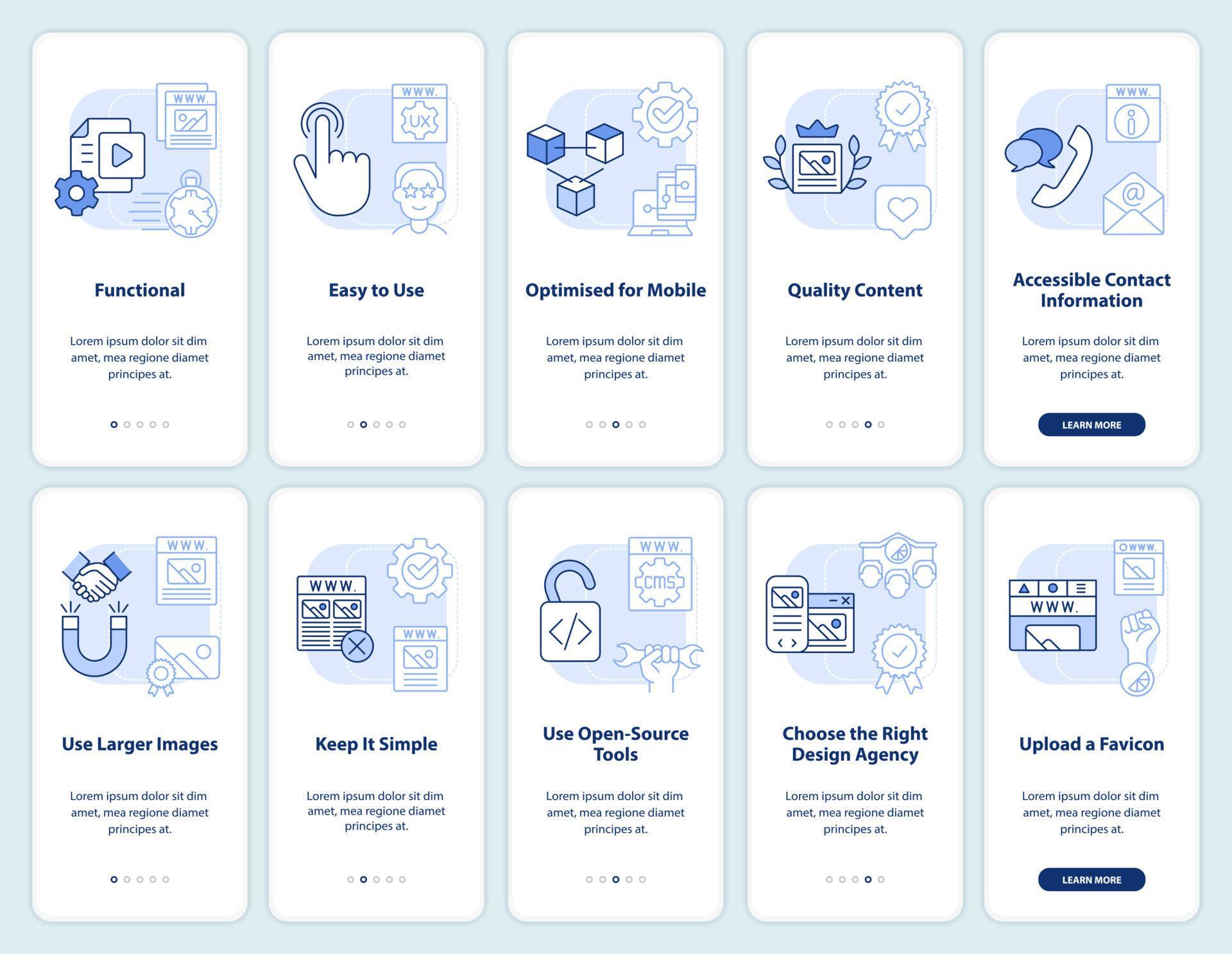 What Makes Website Attractive Light Blue Onboarding Mobile App Screen Set Walkthrough 5 Steps