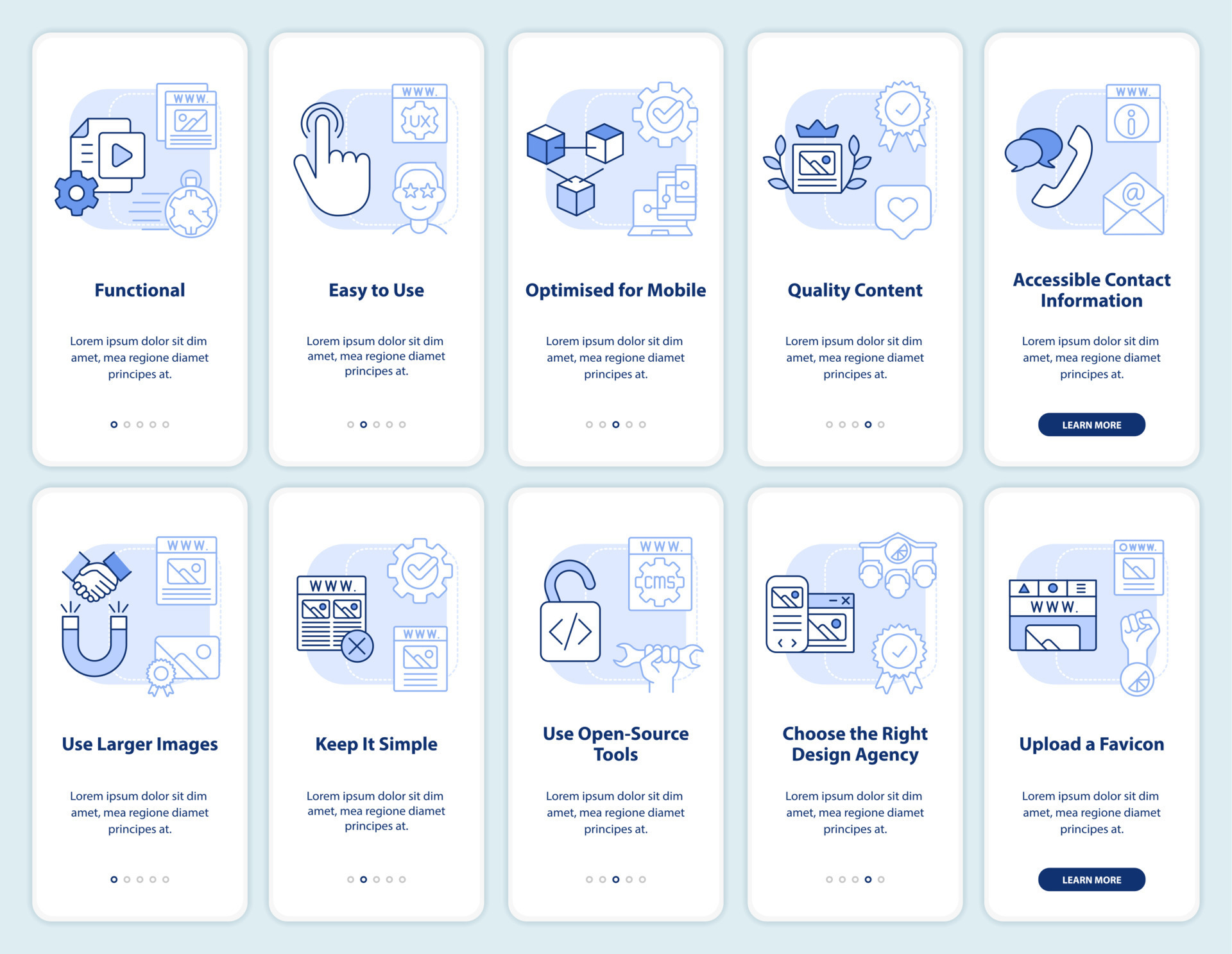 What Makes Website Attractive Light Blue Onboarding Mobile App Screen Set Walkthrough 5 Steps