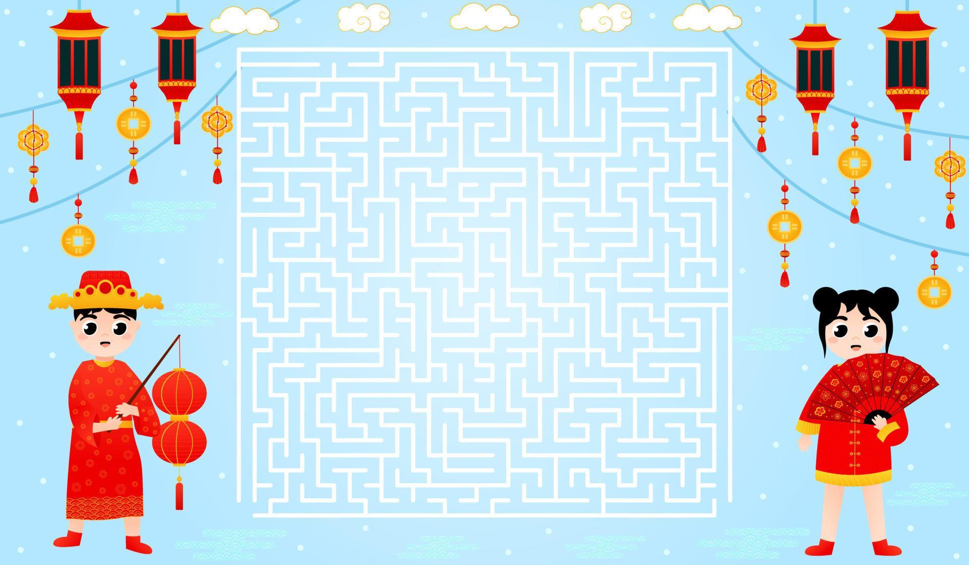 Lunar New year puzzle game with labyrinth, find right way to boy with ...