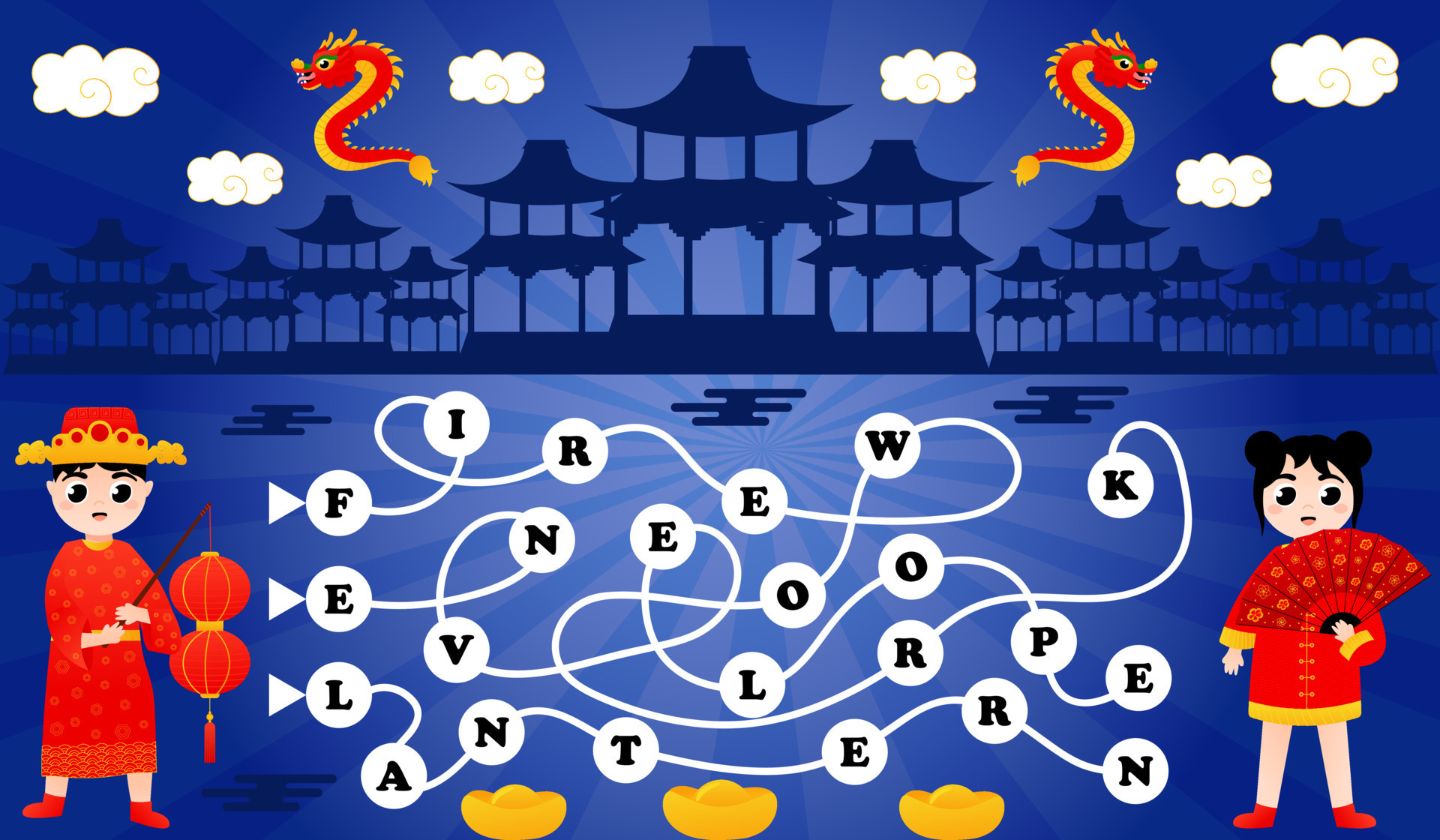 Word puzzle with cute children in chinese traditional costume and ...