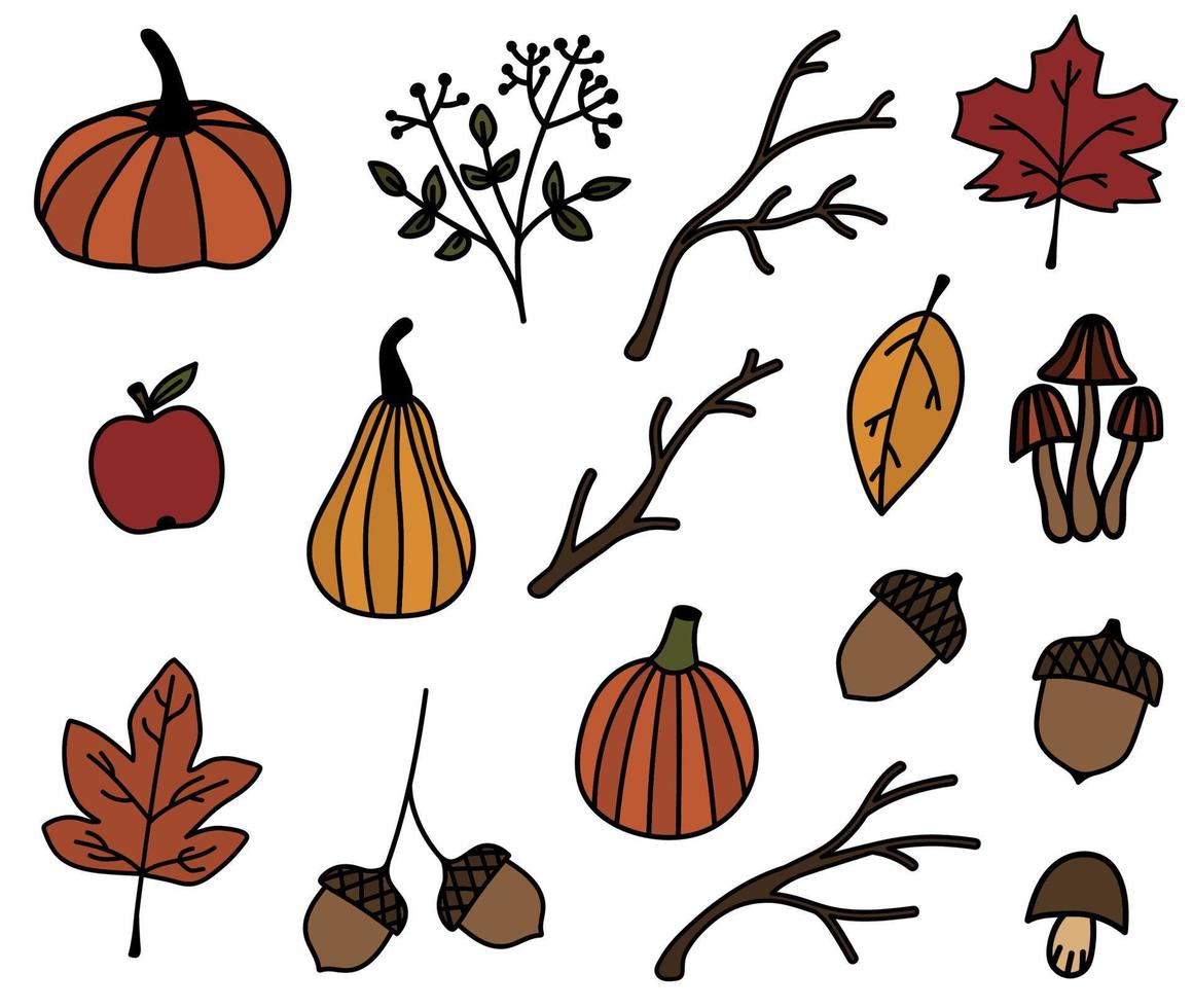 Doodle set of autumn leaves, pumpkins, tree branches, acorns, mushrooms ...