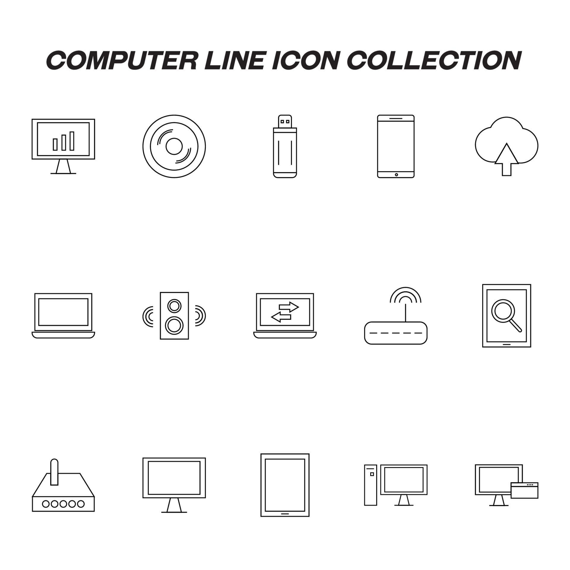 Computer and technology concept. Vector icons drawed with thin lines ...