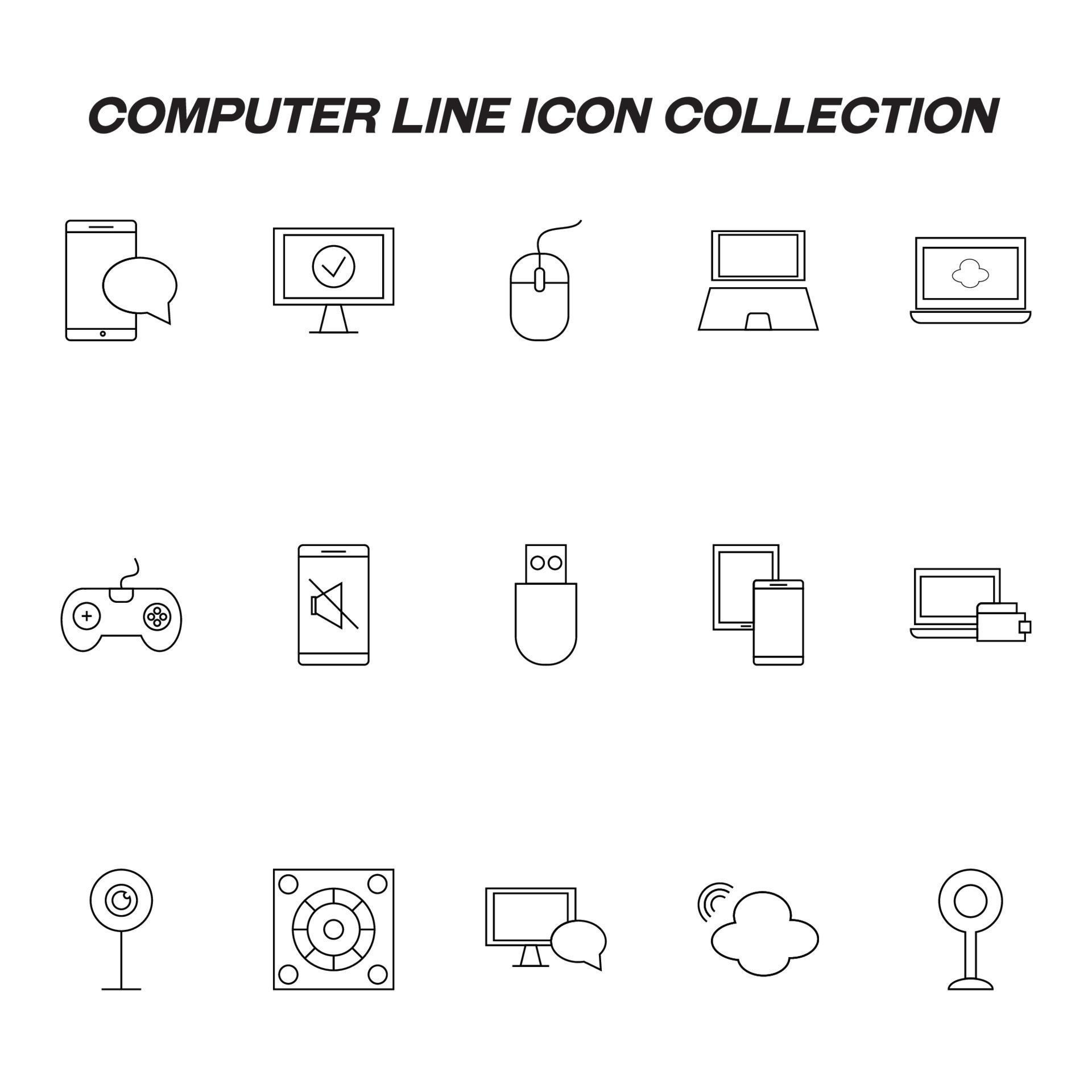 Computer and technology concept. Vector icons drawed with thin lines ...