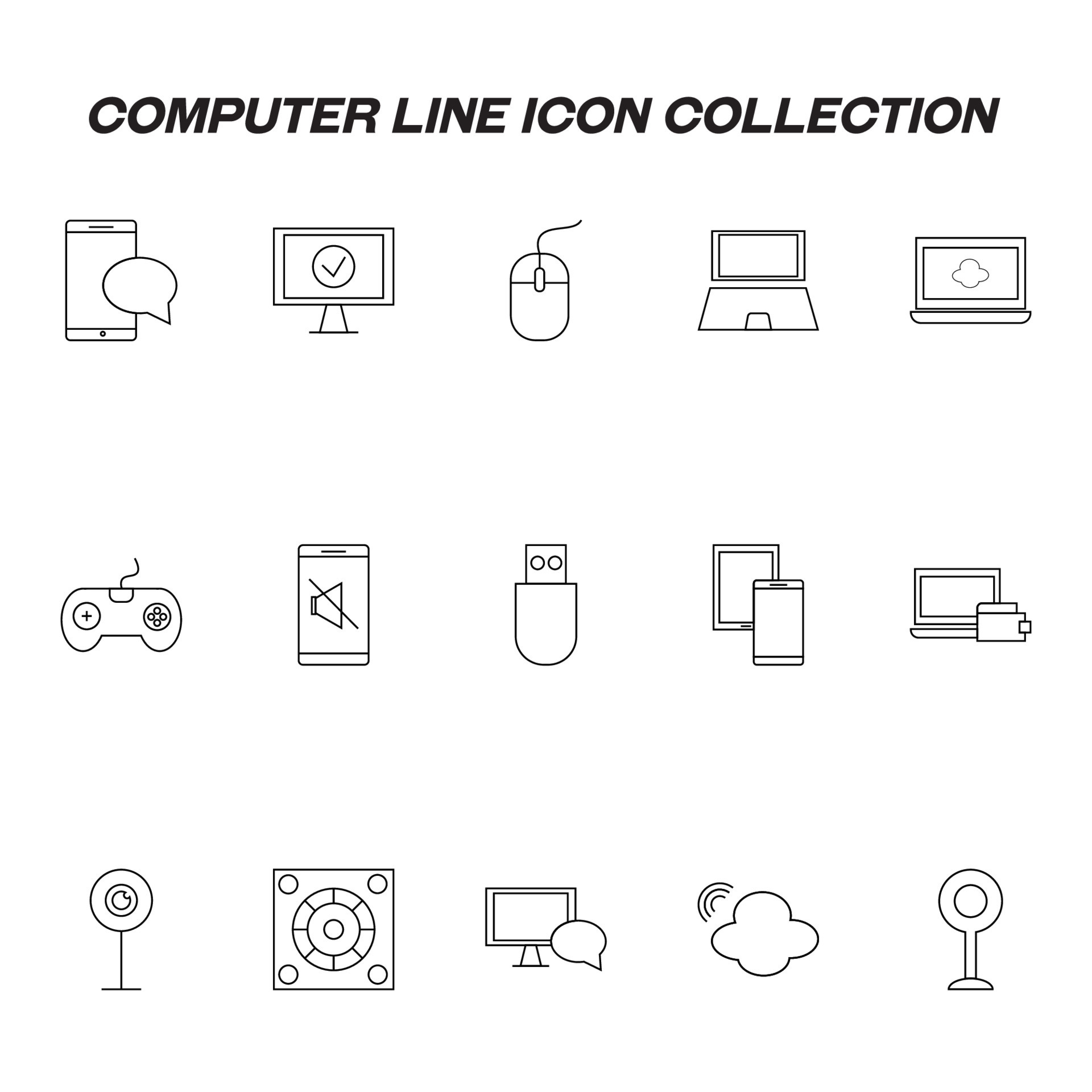 Computer and technology concept. Vector icons drawed with thin lines ...
