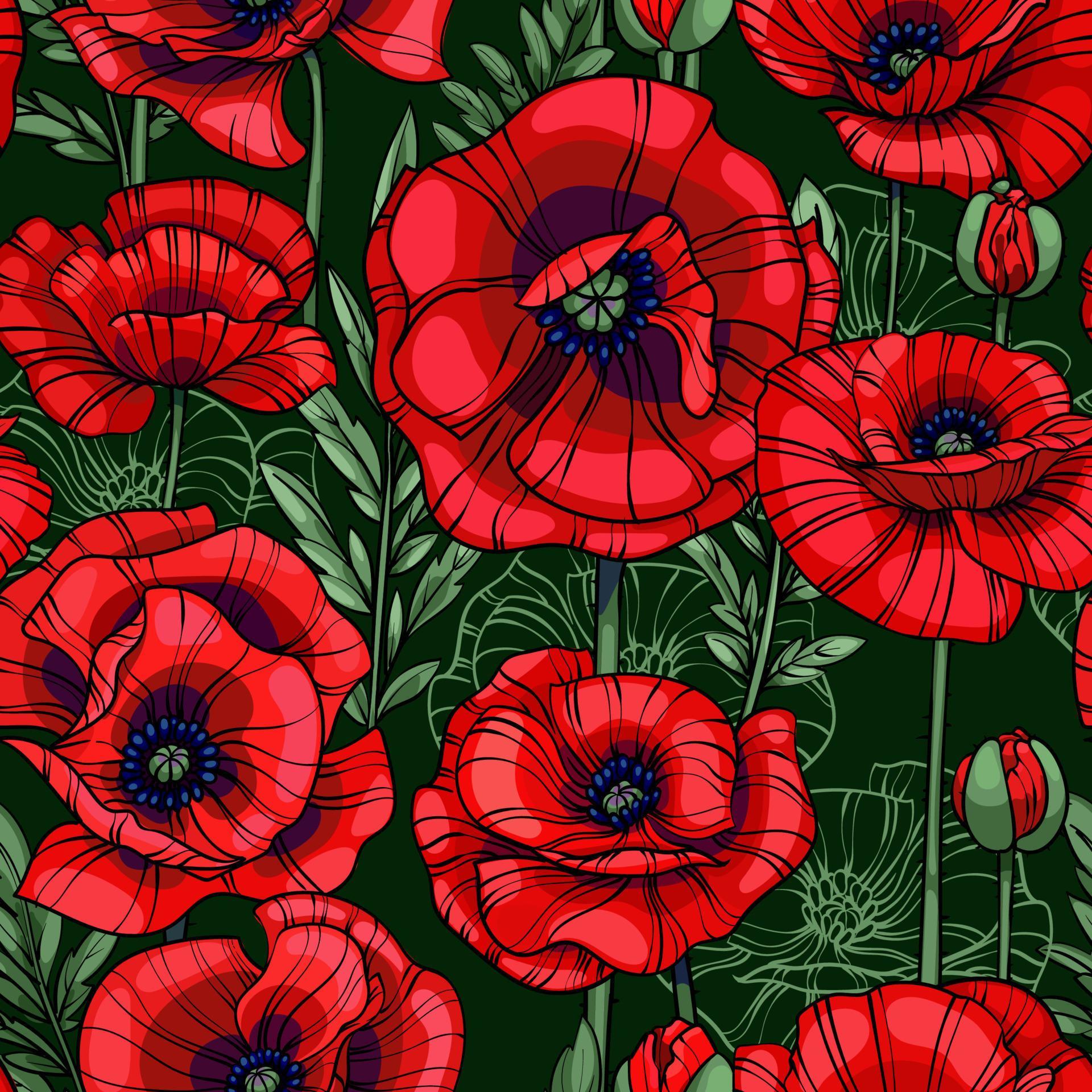 Scarlet Red Poppies Flowers Leaves And Stems Seamless Vector Pattern