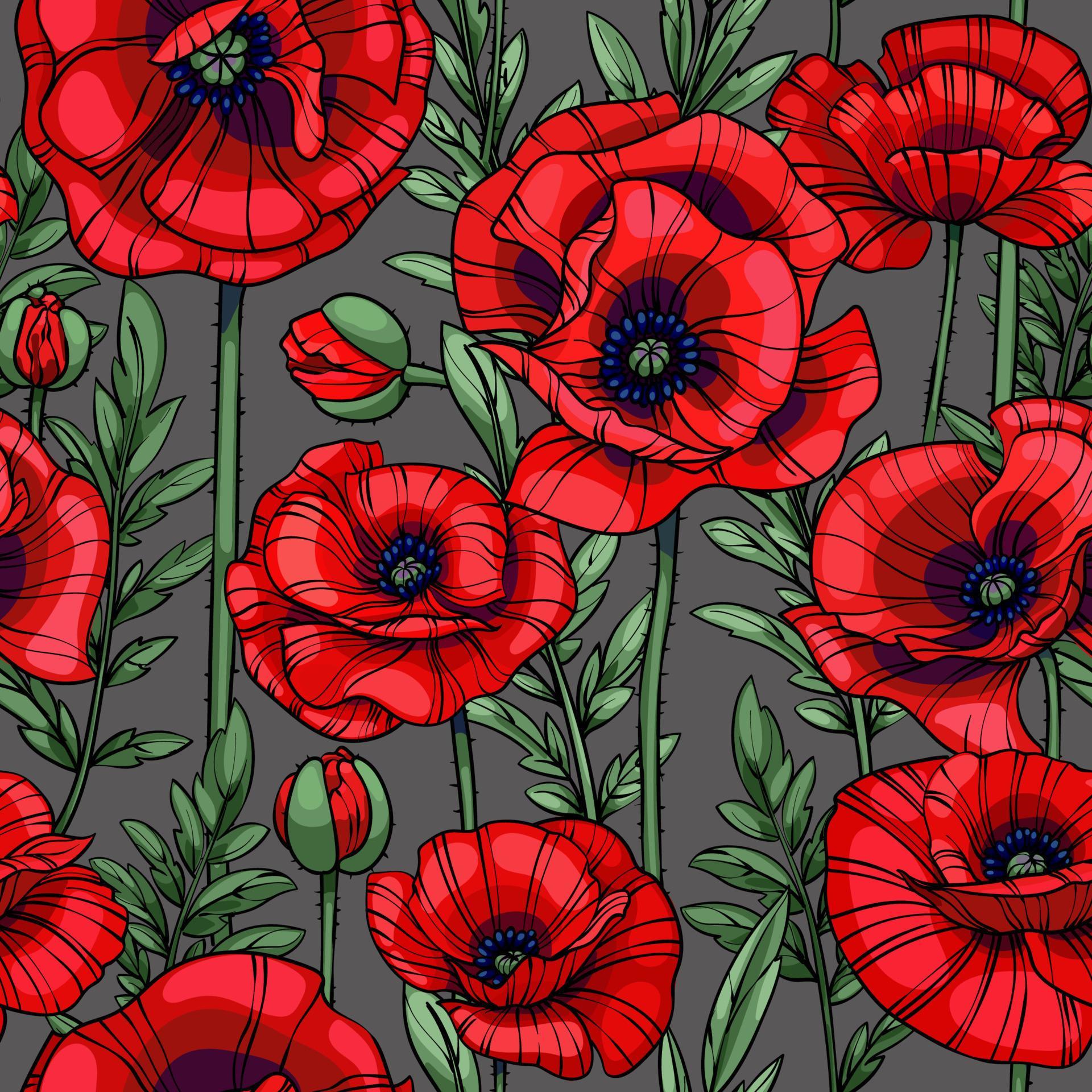 Scarlet Red Poppies Flowers Leaves And Stems Seamless Vector Pattern