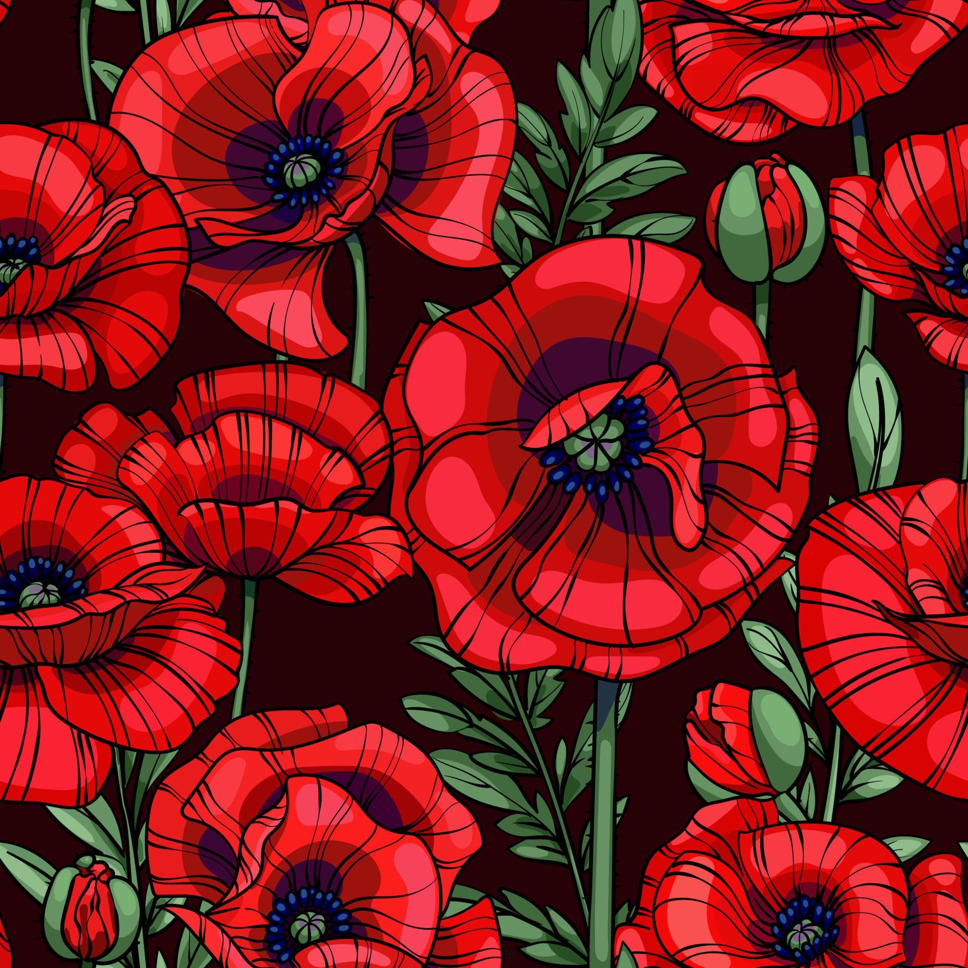 Scarlet Red Poppies Flowers Leaves And Stems Seamless Vector Pattern
