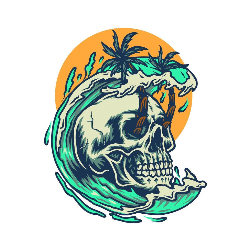 Skull Summer Beach T Shirt Graphic Design Hand Drawn Line Style With