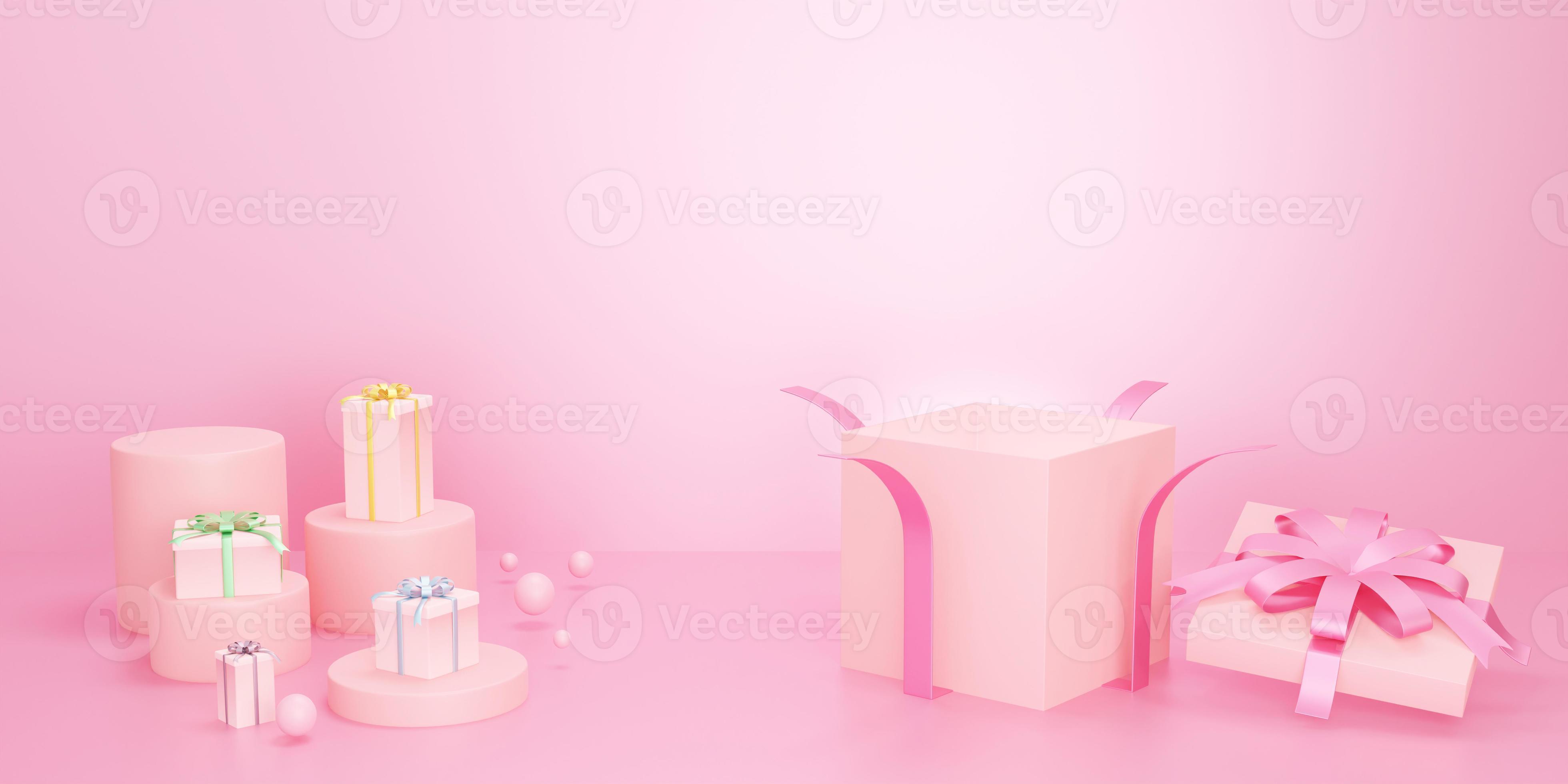 Pink open gift box and many small close gift box on podium, geometry ... Pink open gift box and many small close gift box on podium, geometry ...