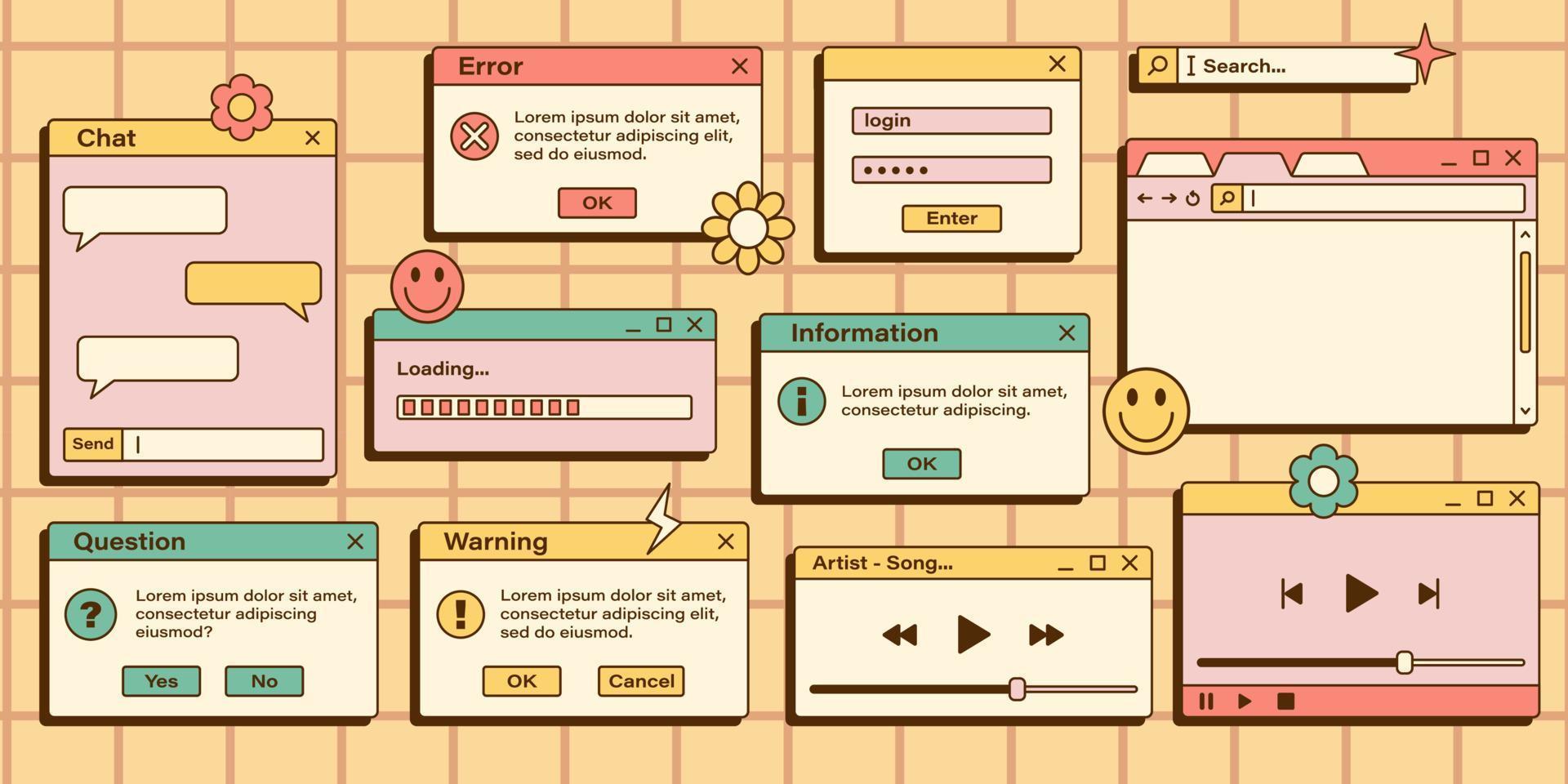 Vector Set Of Retro Vaporwave Computer Interface Vintage Browser And