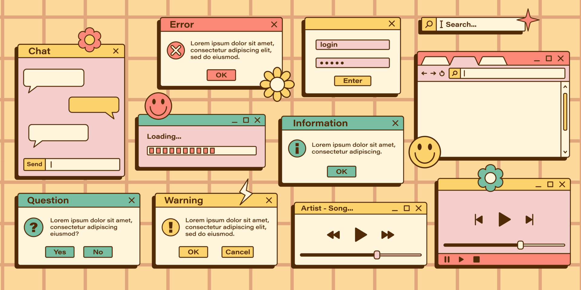 Vector Set Of Retro Vaporwave Computer Interface Vintage Browser And Dialog Window Templates
