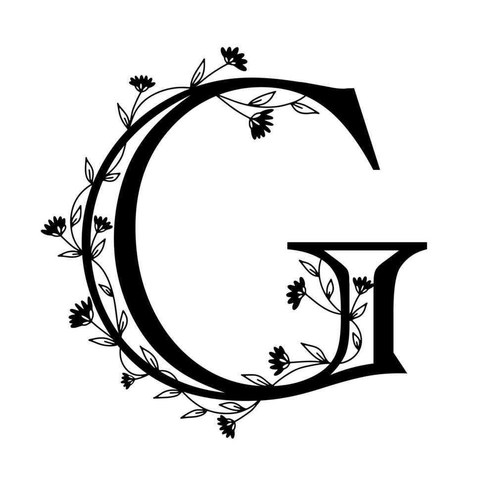 Floral botanical alphabet. Vintage hand drawn monogram letter G. Letter with plants and flowers ...