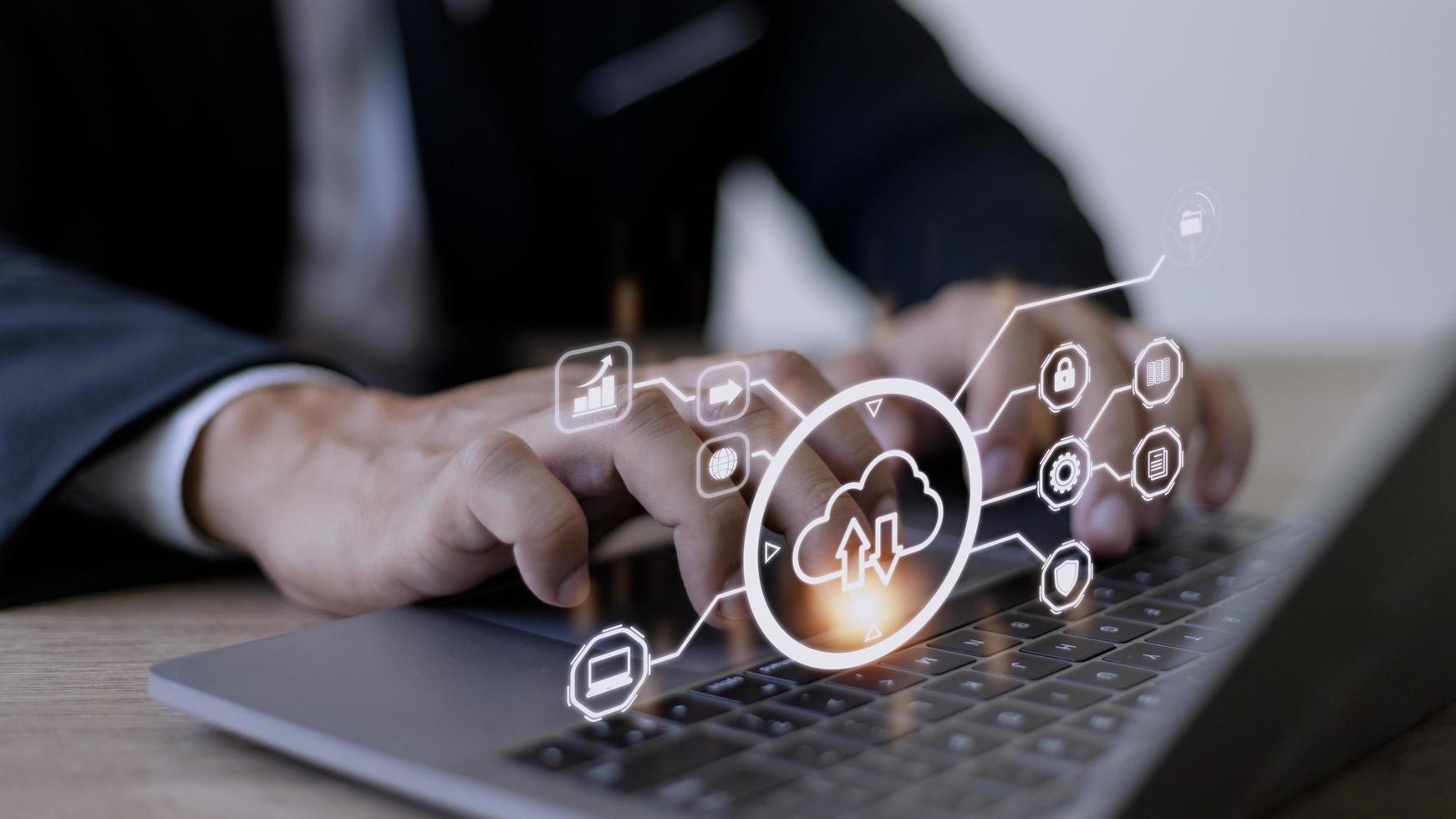 man use Laptop with cloud computing diagram show on hand. Cloud technology. Data storage ...