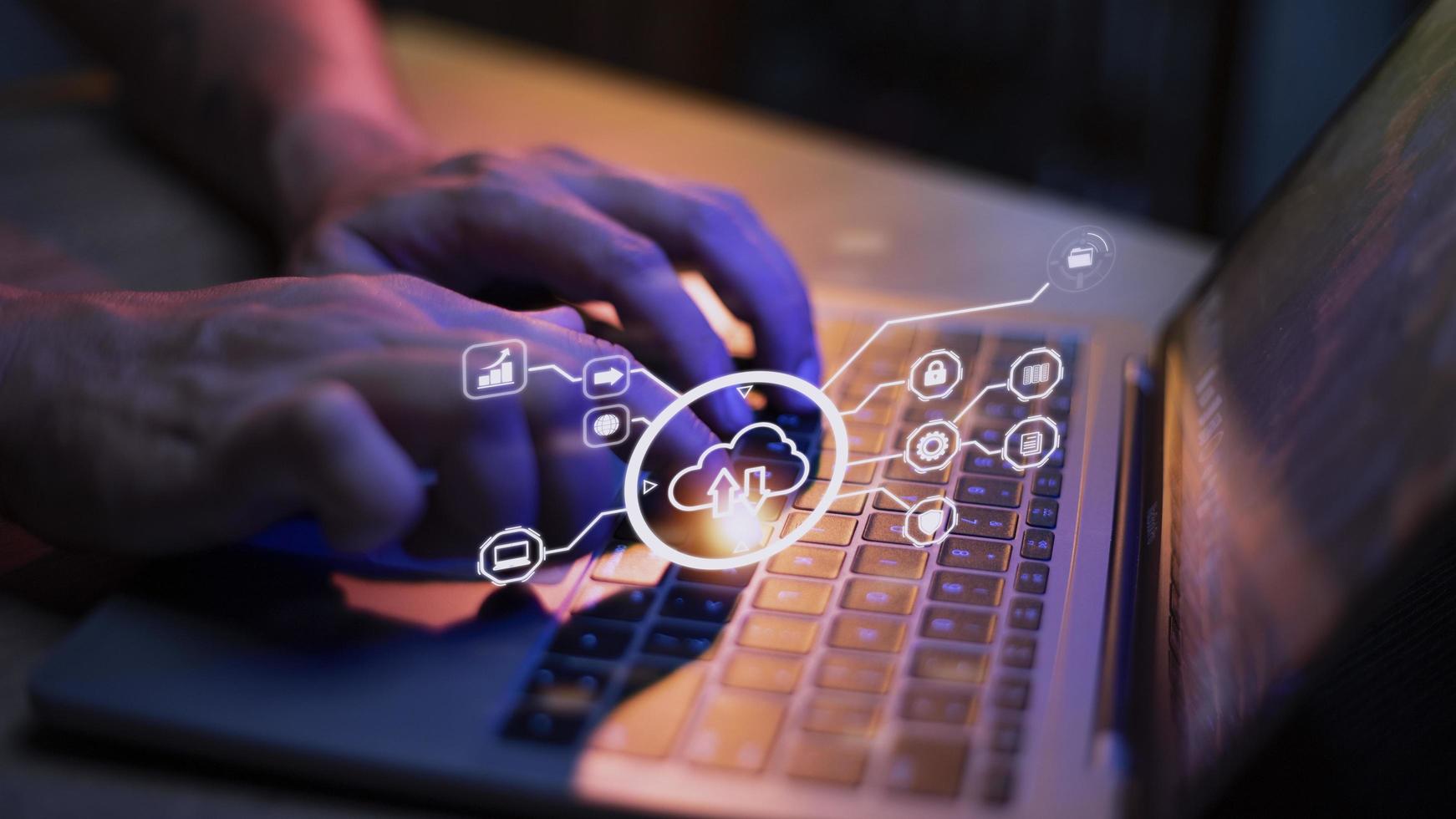 Man Use Laptop With Cloud Computing Diagram Show On Hand Cloud Technology Data Storage