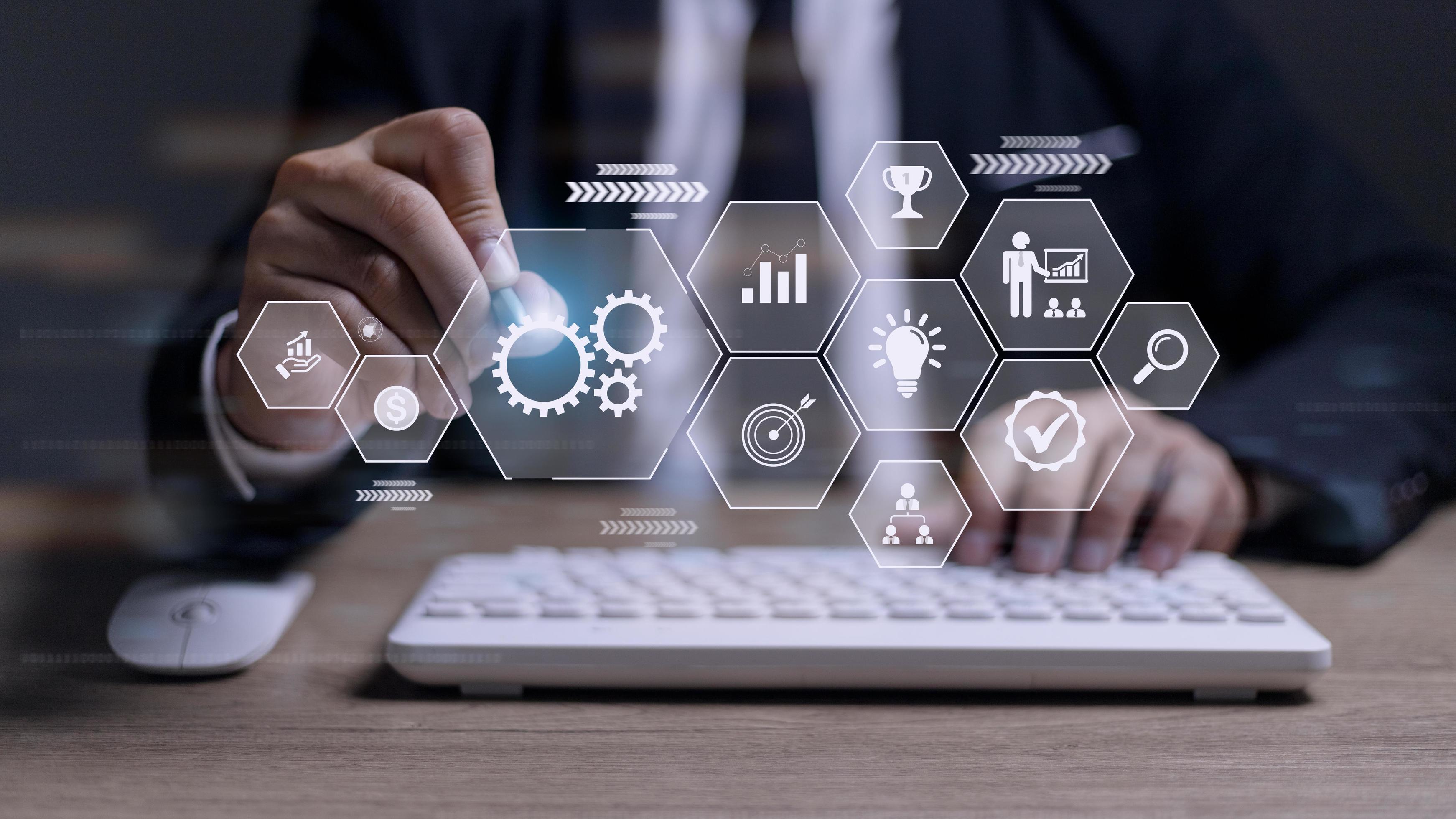 Business process management concept. Businessman touch on virtual innovation Operations ...