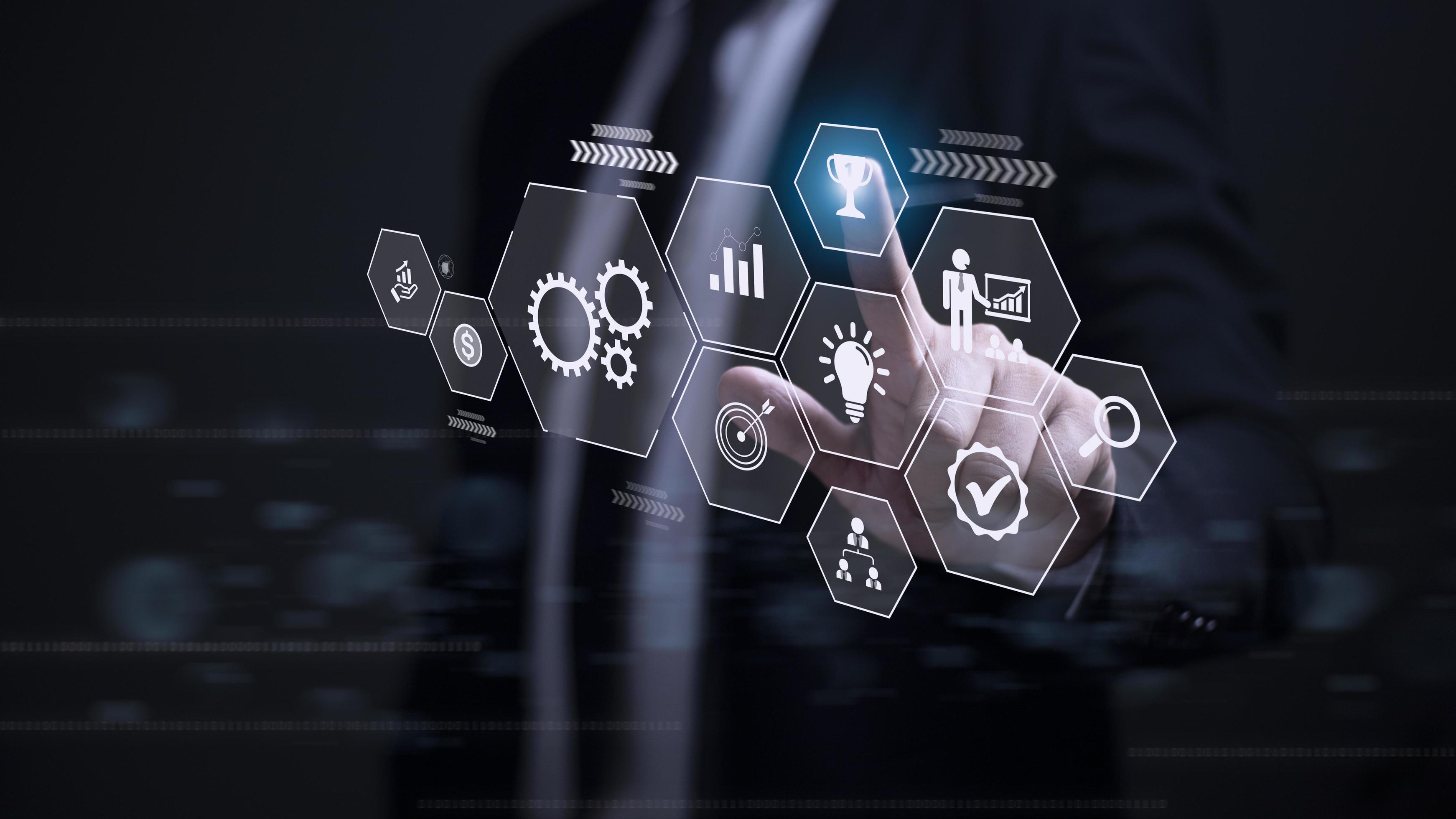 Business process management concept. Businessman touch on virtual innovation Operations ...