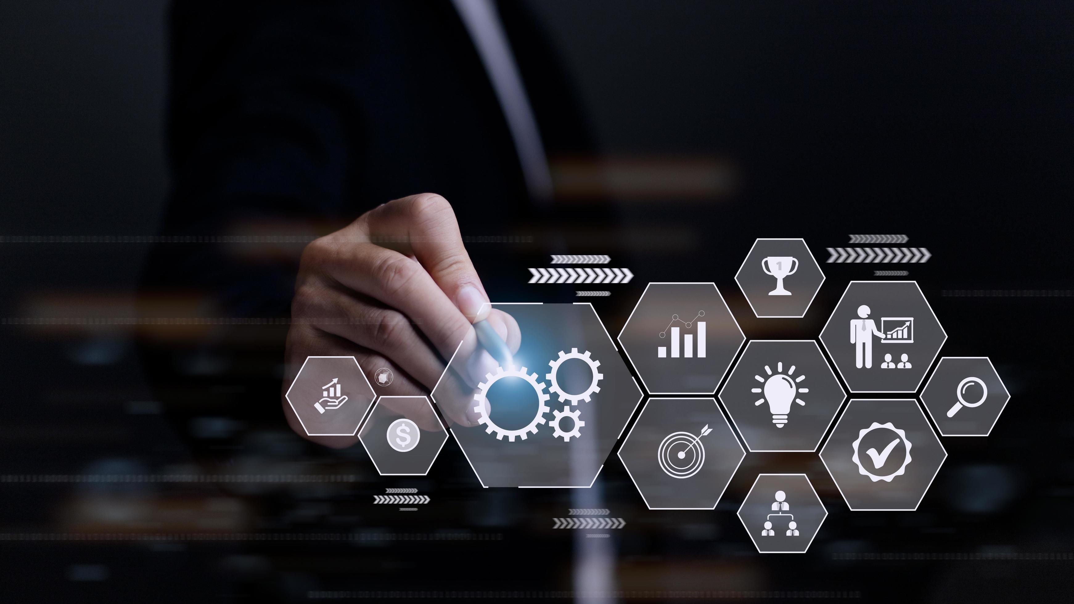 Business process management concept. Businessman touch on virtual ... Business process management concept. Businessman touch on virtual ...