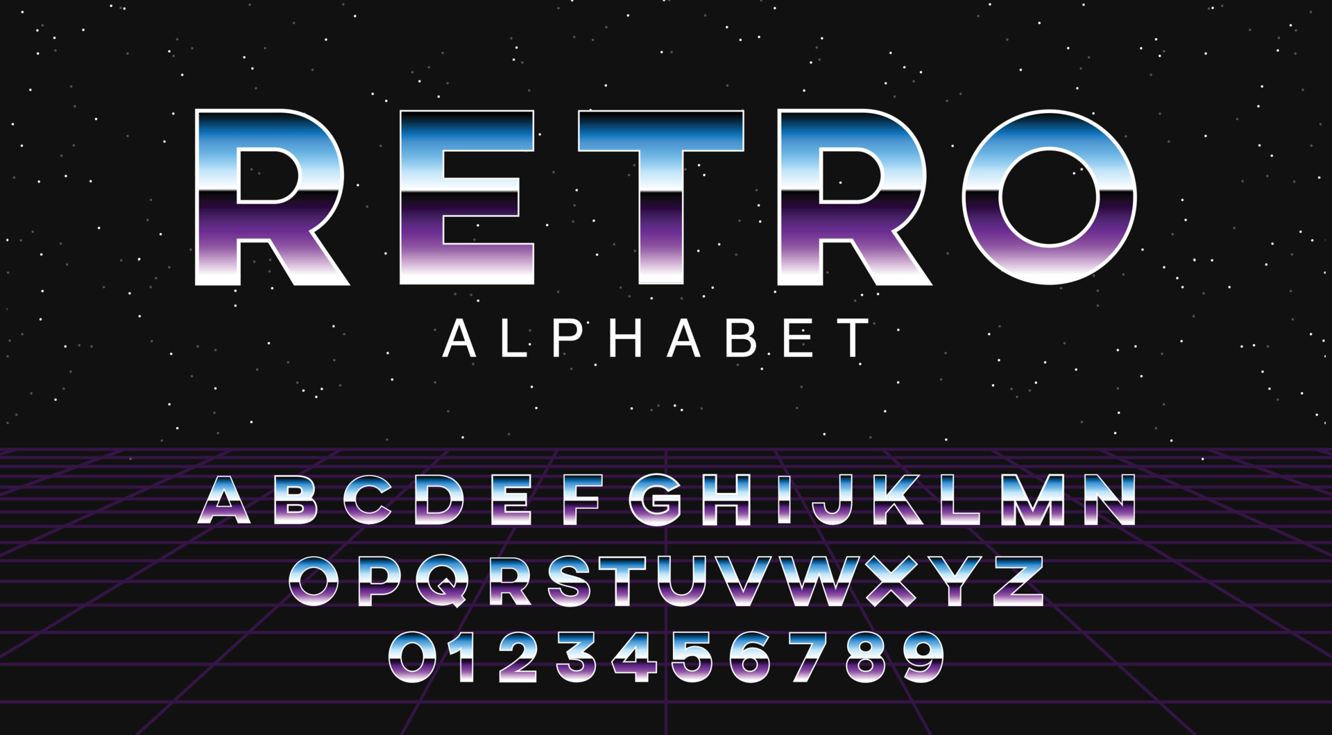 Futuristic retrowave font. Striped gradient metallic letters and numbers on space background ...