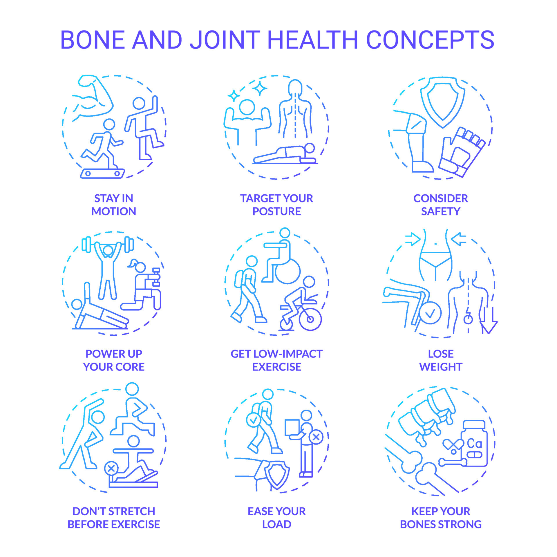 Bone and joint health blue gradient concept icons set. Healthy lifestyle choices idea thin line ...