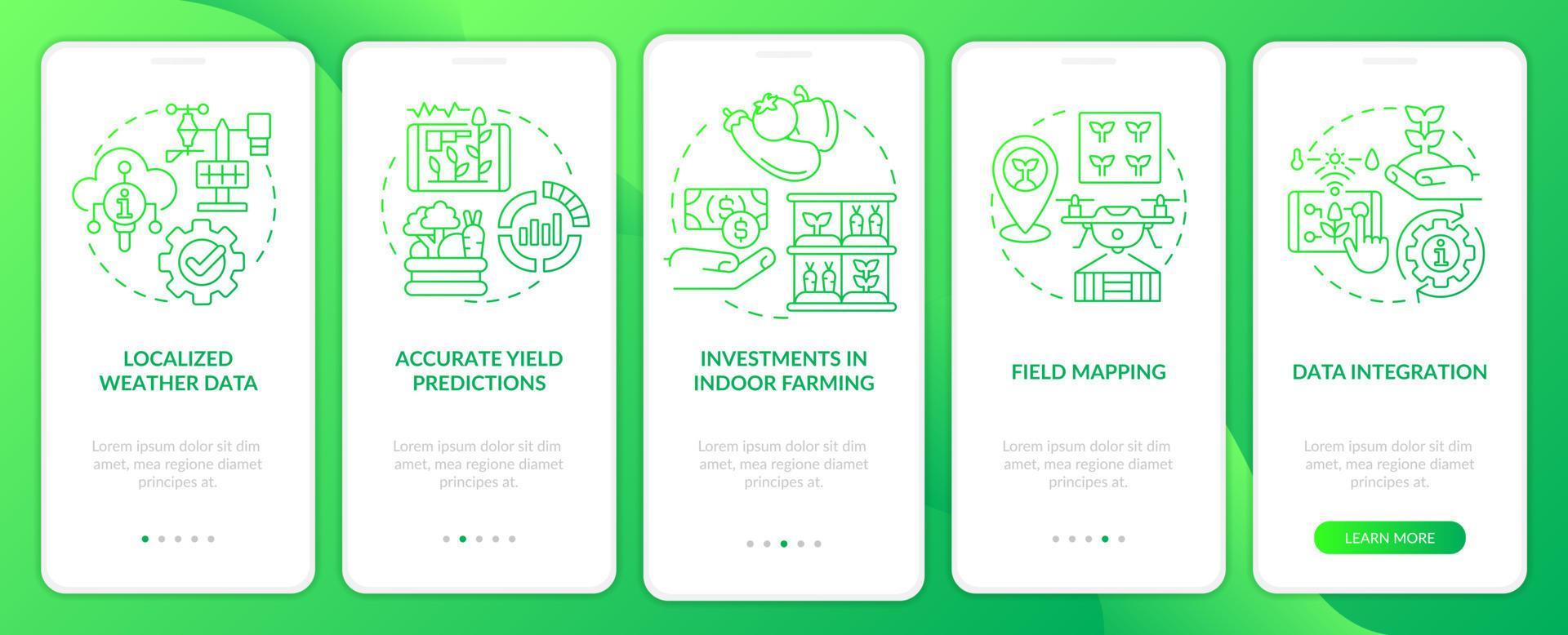 Current Farming Trends Green Gradient Onboarding Mobile App Screen Walkthrough 5 Steps Graphic