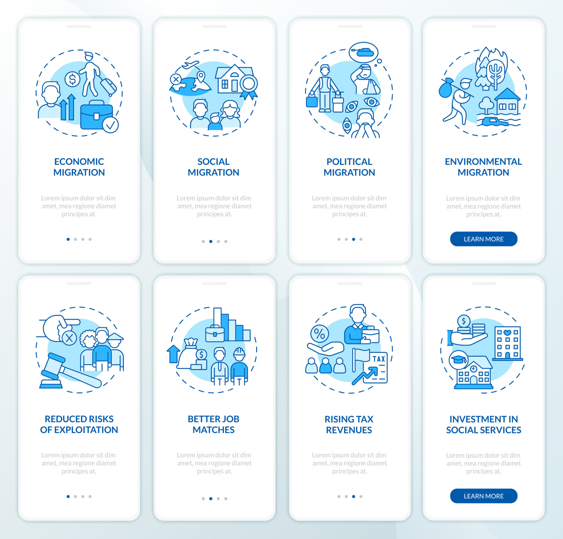 Legal Migration Blue Onboarding Mobile App Screen Set Relocation Abroad Walkthrough 4 Steps