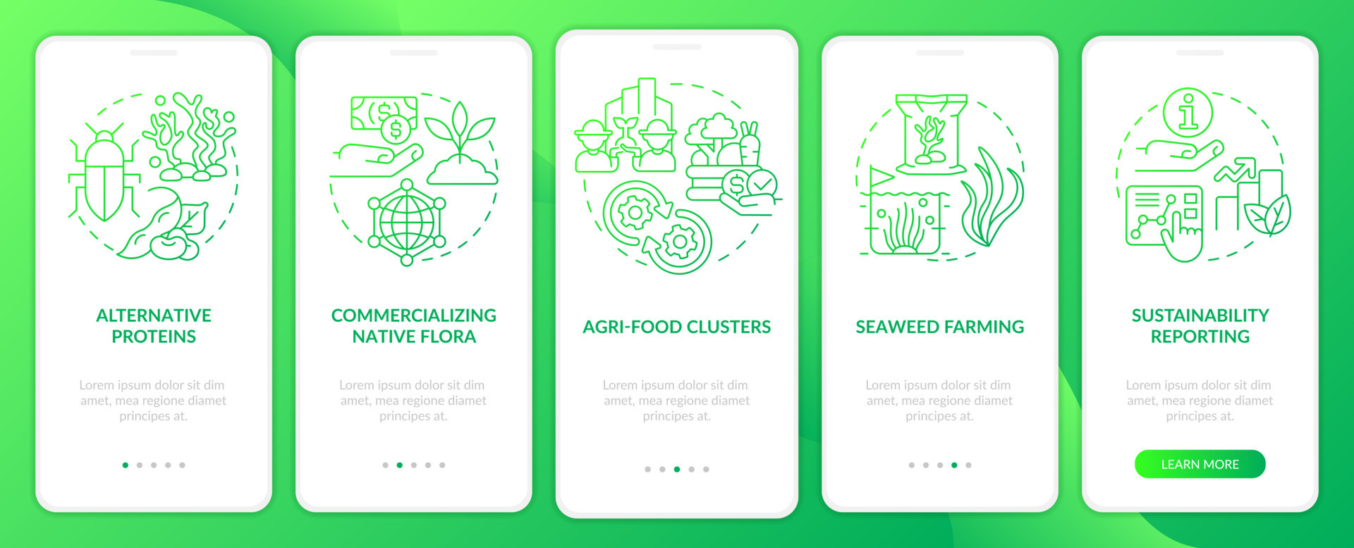 Agricultural Trends Green Gradient Onboarding Mobile App Screen Farming Walkthrough 5 Steps