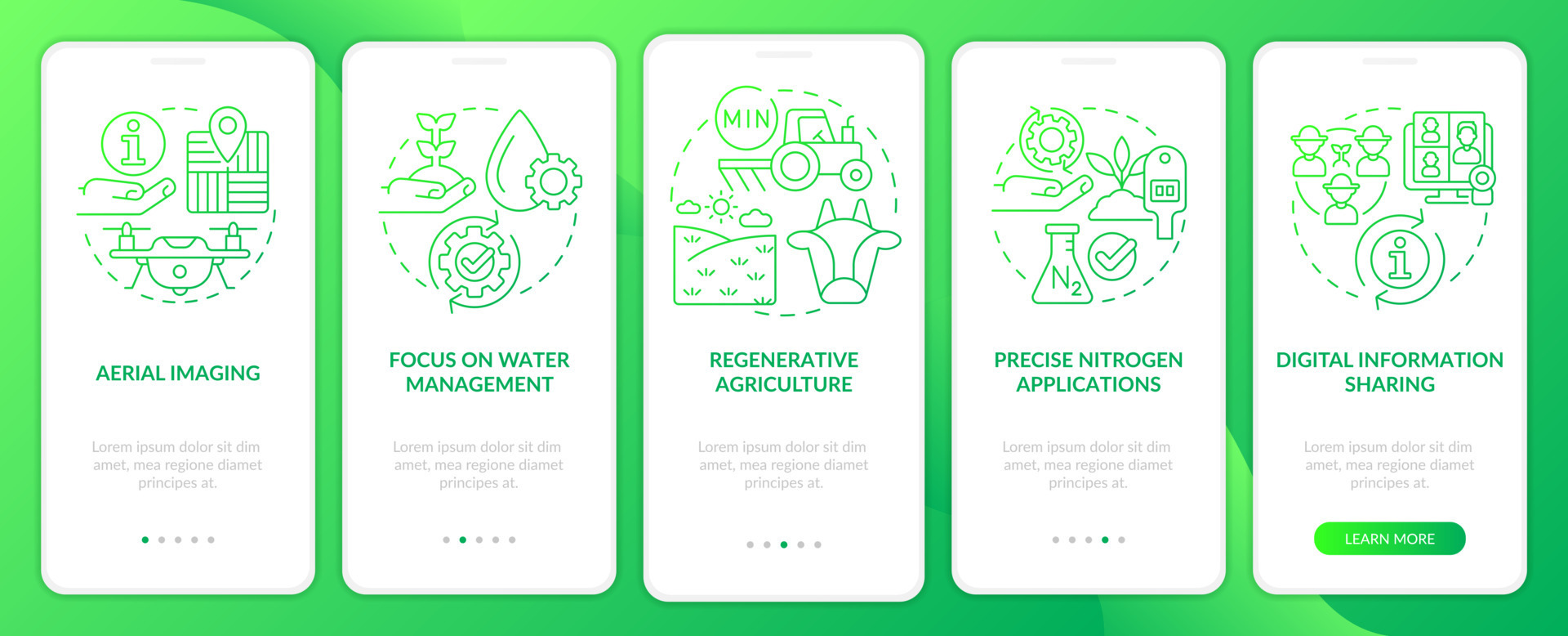 Trends In Agriculture Green Gradient Onboarding Mobile App Screen Walkthrough 5 Steps Graphic