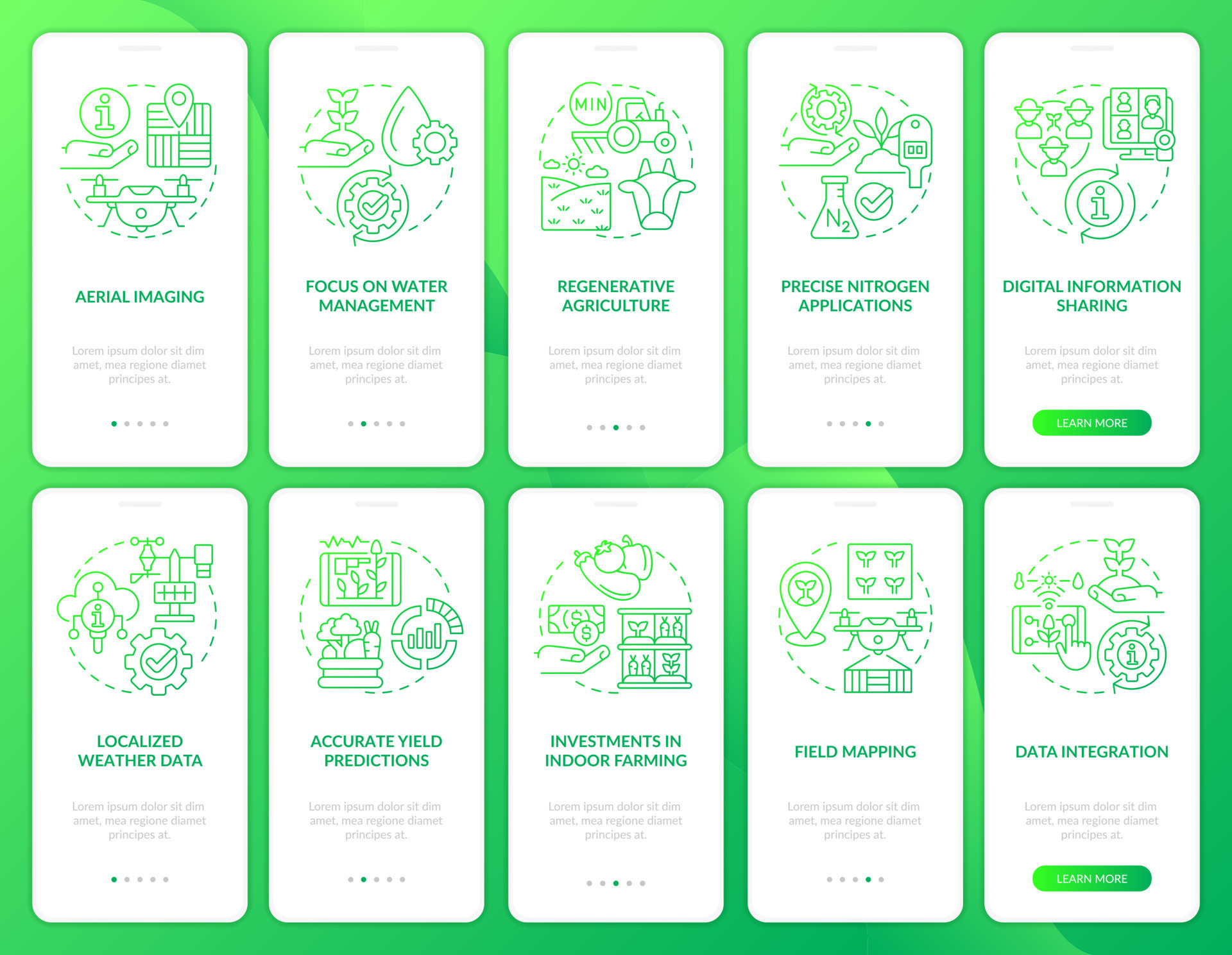 Farming Trends Green Gradient Onboarding Mobile App Screen Set Walkthrough 5 Steps Graphic