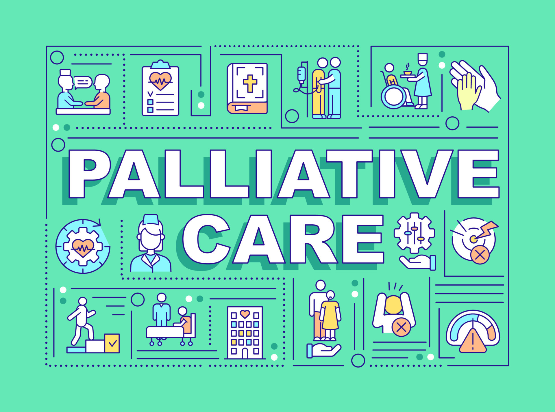Palliative care word concepts green banner. Patient help program. Infographics with icons on ...
