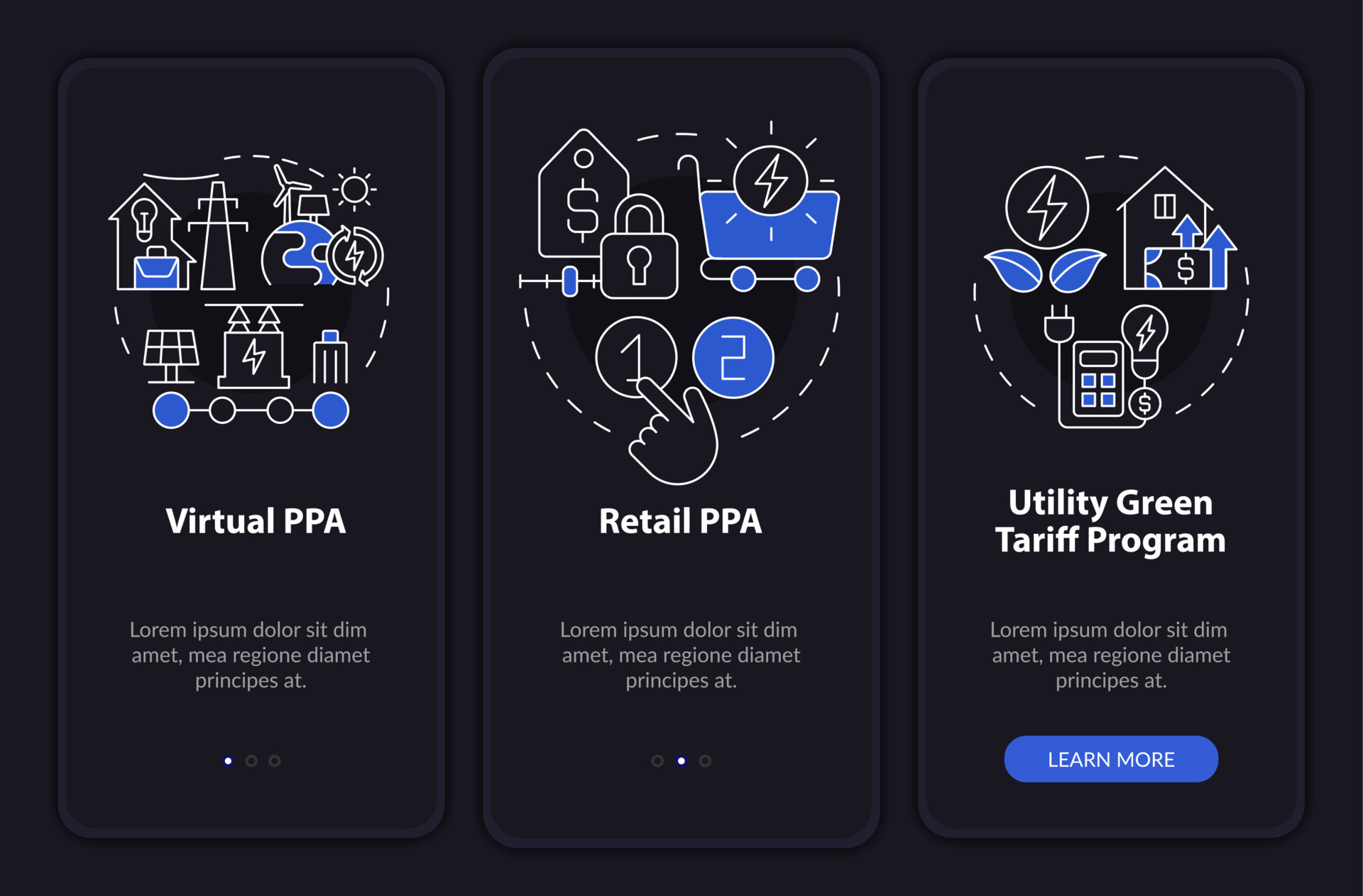 Types Of Ppa Night Mode Onboarding Mobile App Screen Contracts Walkthrough 3 Steps Graphic