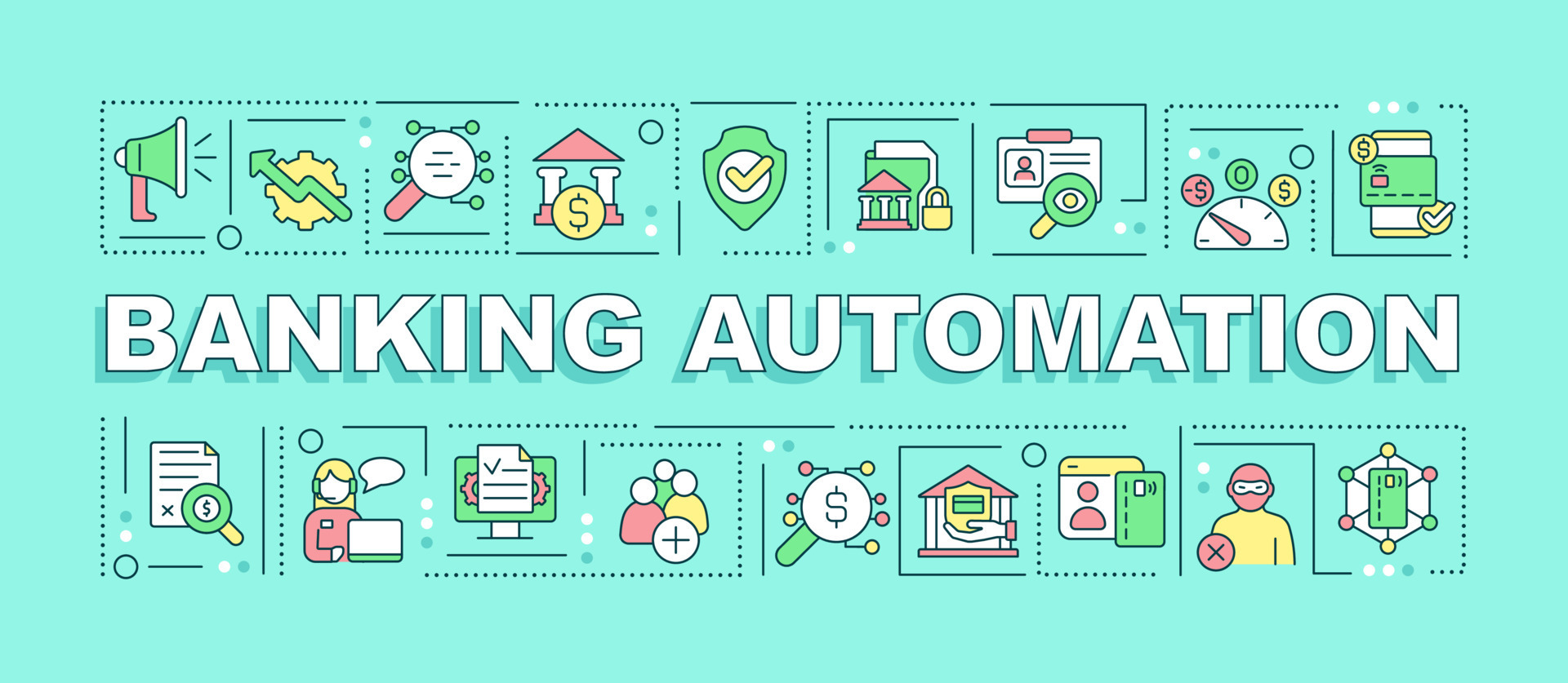 Banking Automation Word Concepts Mint Banner Autonomous Operations Infographics With Icons On