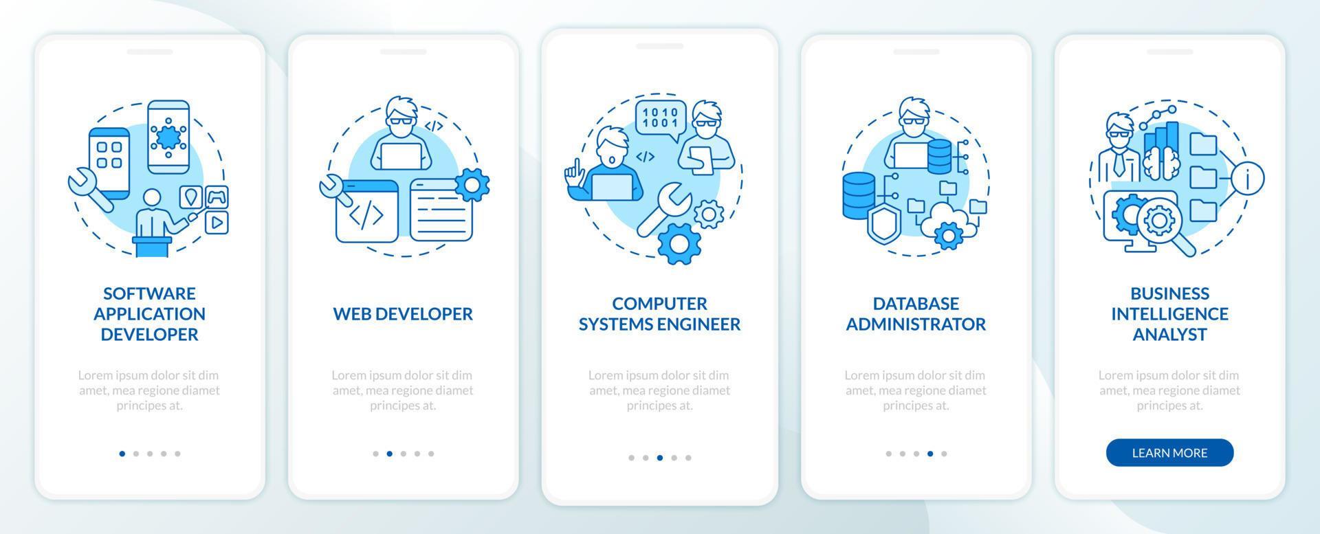 Jobs Coders Can Get Blue Onboarding Mobile App Screen Developer Walkthrough 5 Steps Graphic