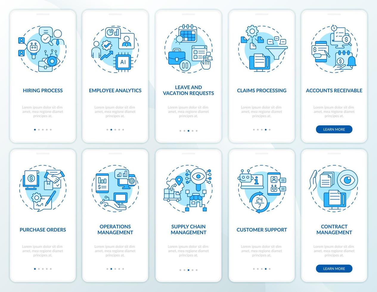 Business And Banking Automation Blue Onboarding Mobile App Screen Set Walkthrough 5 Steps