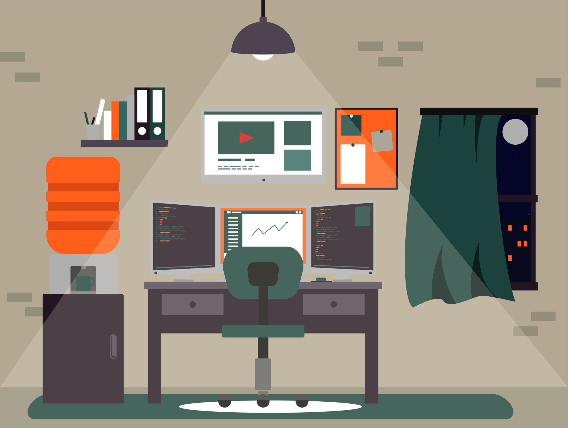 Programmer or blogger workspace in midnight with multiple monitor and ...