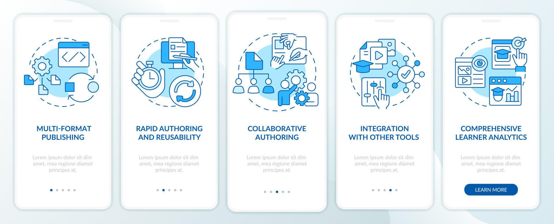 Learning content management system blue onboarding mobile app screen. Walkthrough 5 steps ...