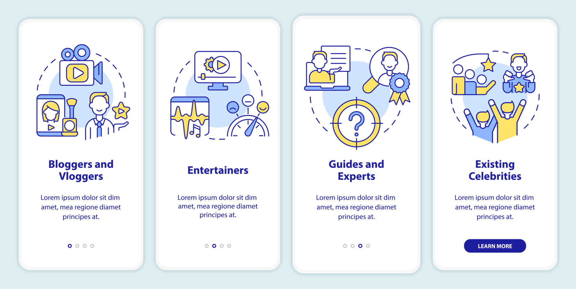 Types Of Creators Onboarding Mobile App Screen Content Makers Walkthrough 4 Steps Editable