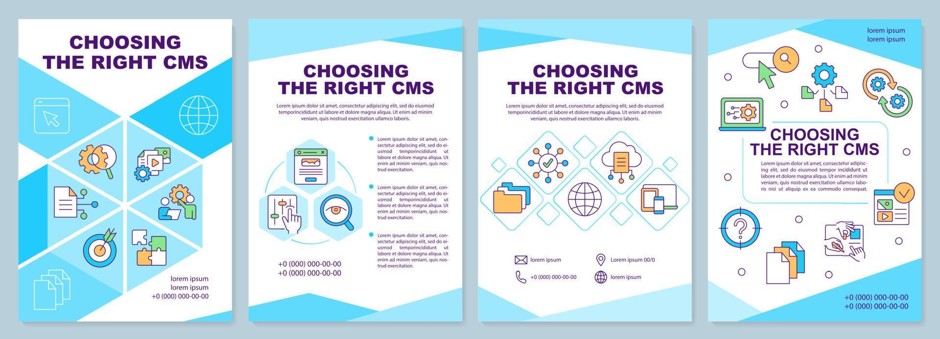 Choose right content management system cyan brochure template. Leaflet design with linear icons ...