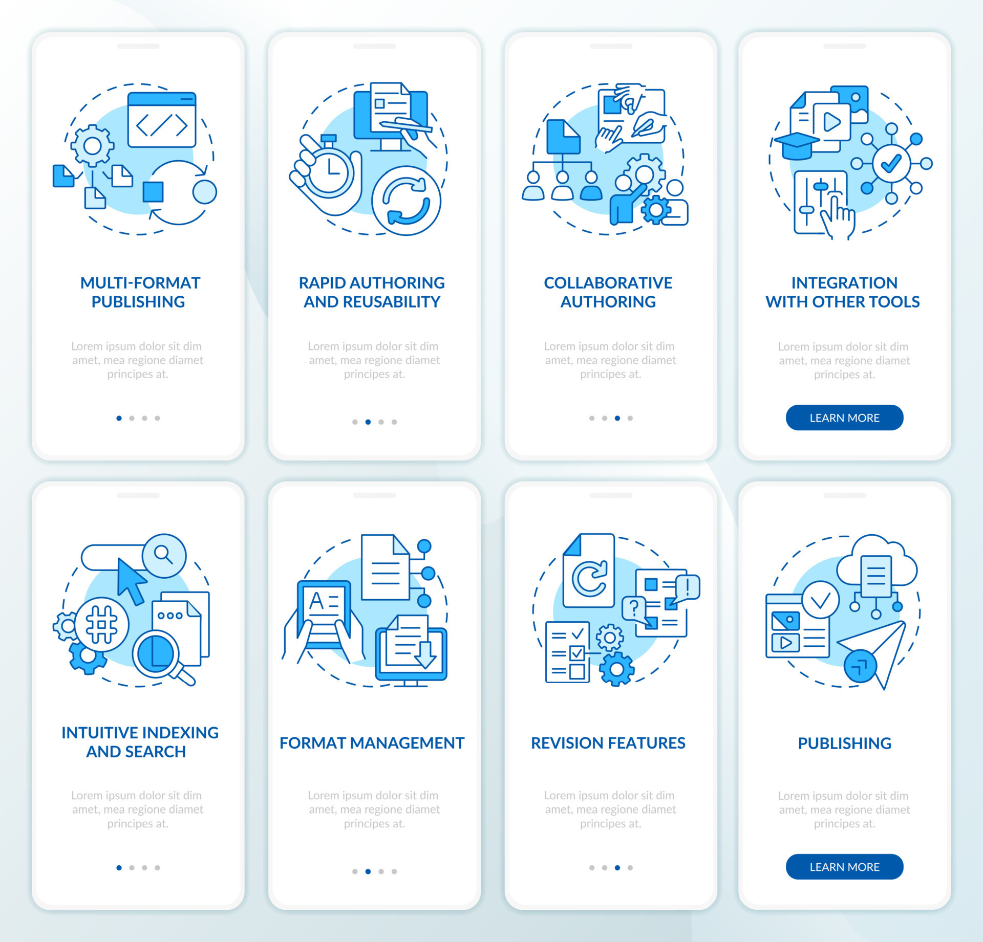 Lcms And Cms Features Blue Onboarding Mobile App Screen Set Walkthrough 4 Steps Editable
